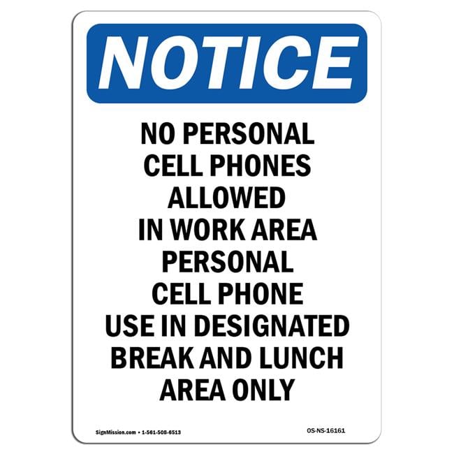 SignMission Notice No Personal Cell Phones Allowed OSHA Decal Sign ...
