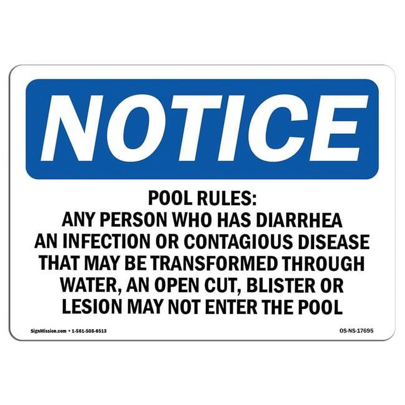 SignMission Notice Pool Rules Any Person Who Has Diarrhea OSHA Plastic ...
