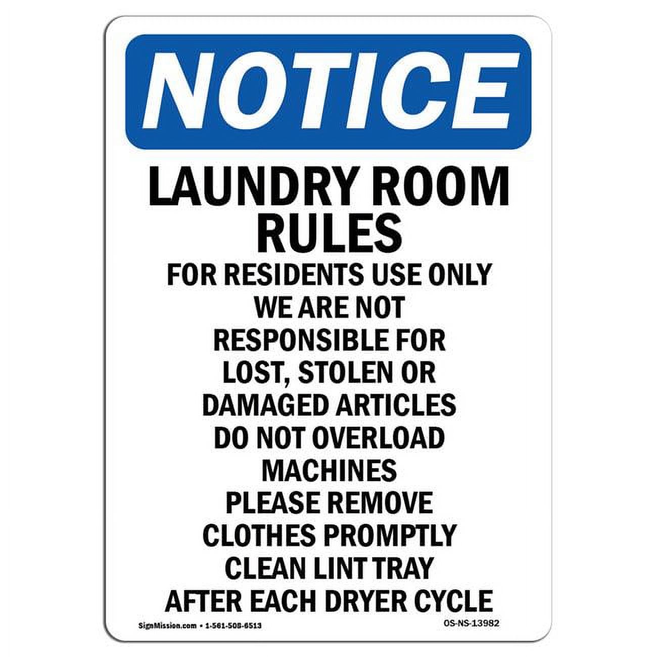 10 x 14 in. OSHA Notice Sign - Laundry Room Rules Empty Your Pockes ...