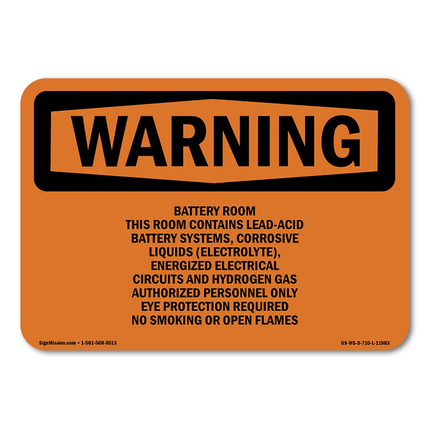 SignMission OS-WS-D-35-L-11983 OSHA Warning Sign - Battery Room This ...