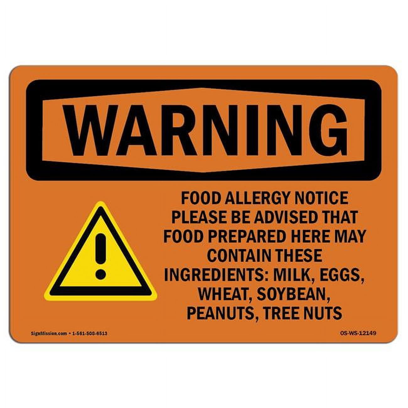 SignMission OS-WS-D-57-L-12149 OSHA Warning Sign - Food Allergy Notice ...