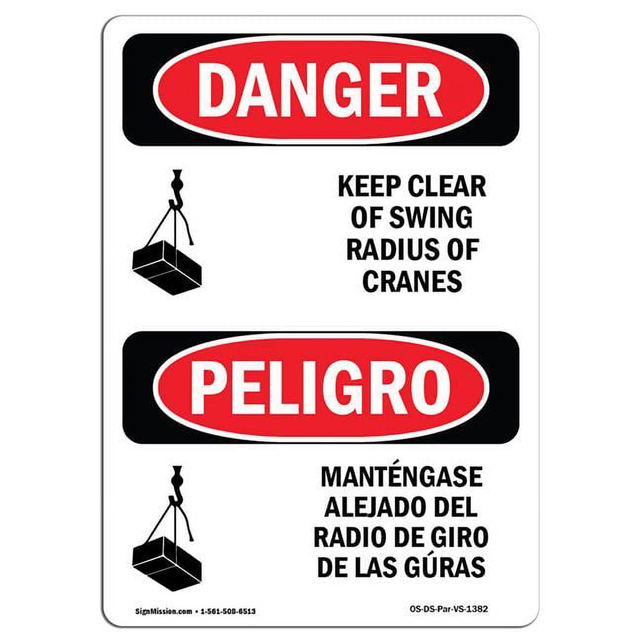 SignMission OSHA Danger Sign - Keep Clear Swing Radius Cranes Bilingual ...
