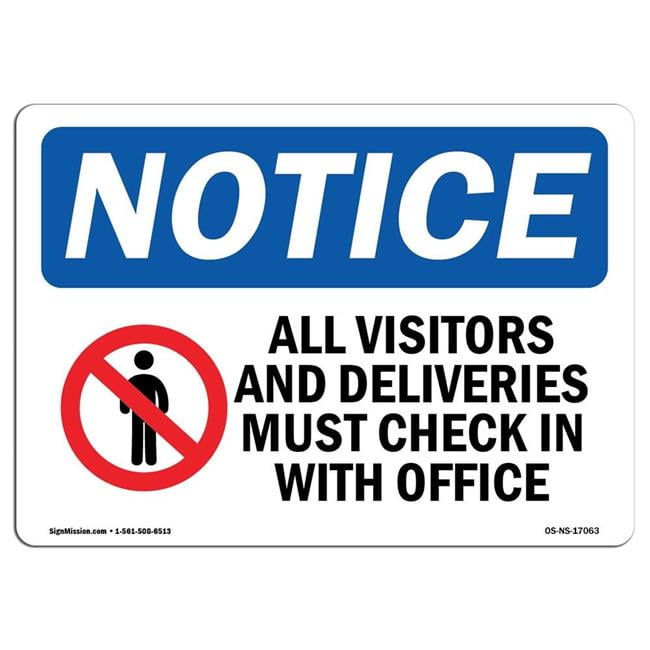 SignMission OSHA Notice Sign - All Visitors & Deliveries Must Check in ...