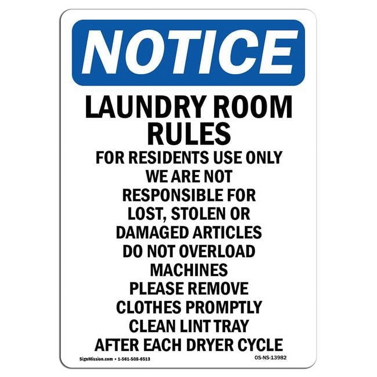 SignMission OSHA Notice Sign - Laundry Room Rules for Residents ...