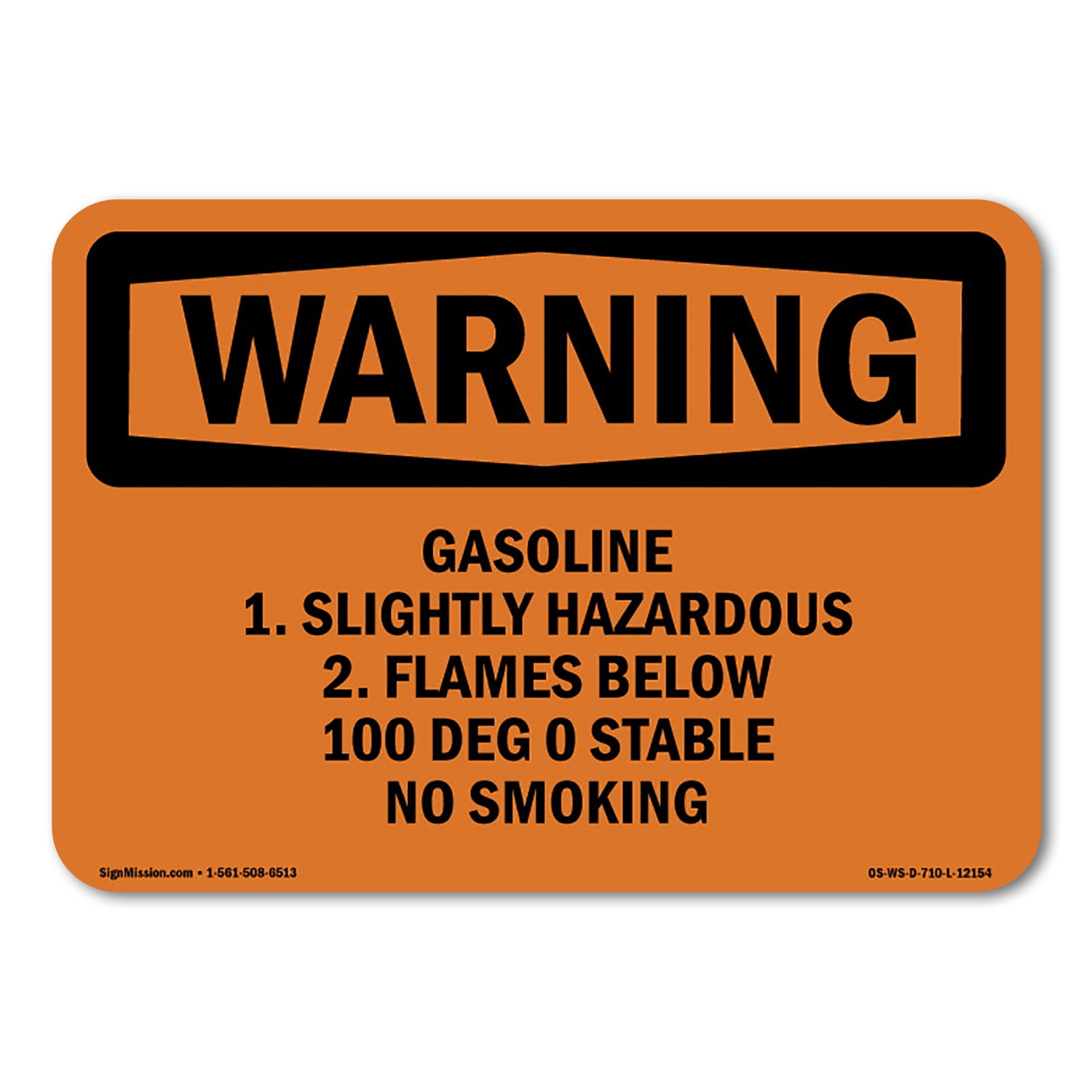 OSHA WARNING Sign - Gasoline 1. Slightly Hazardous 2. Flames | Decal ...