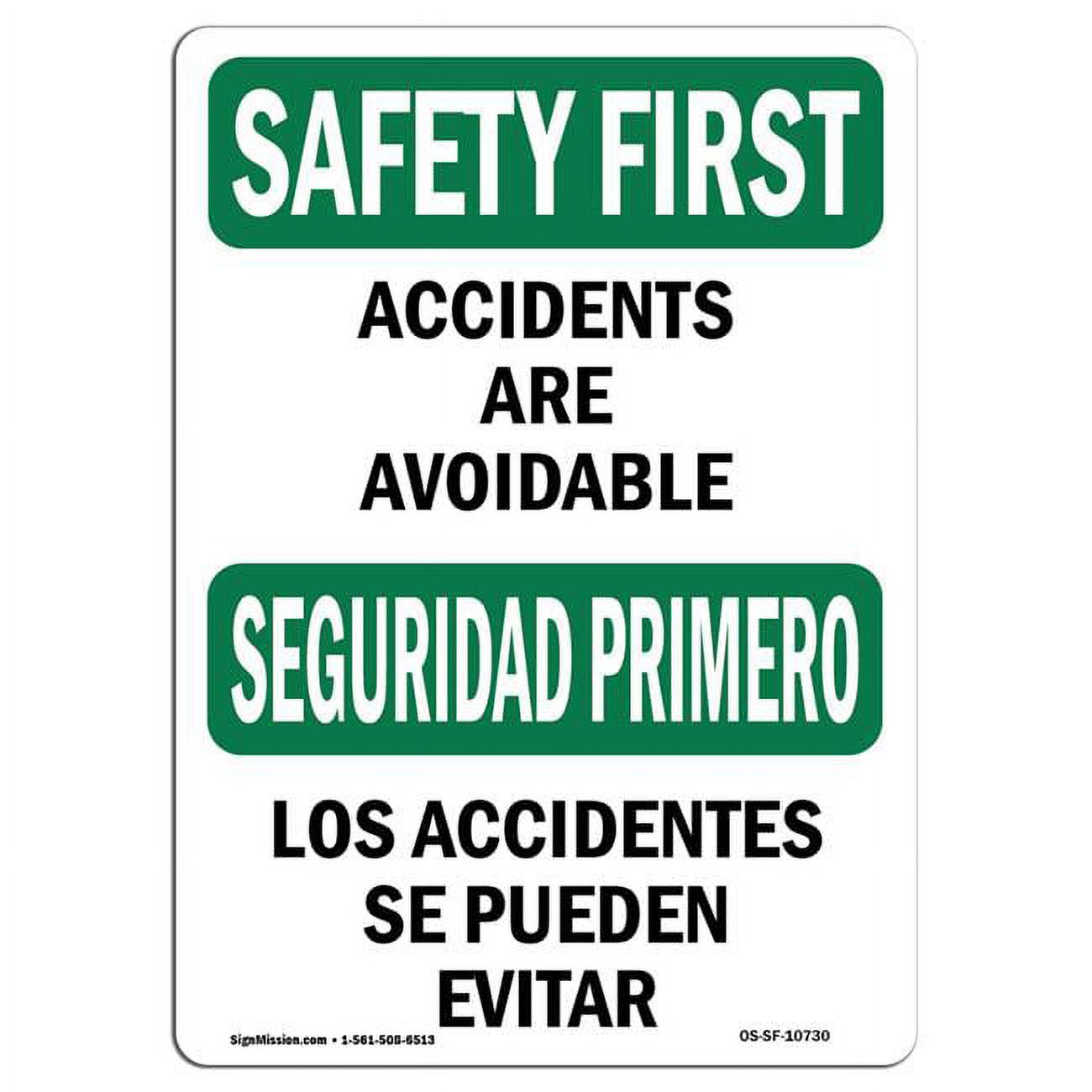 SignMission Safety First Accidents Are Avoidable Bilingual OSHA Decal ...