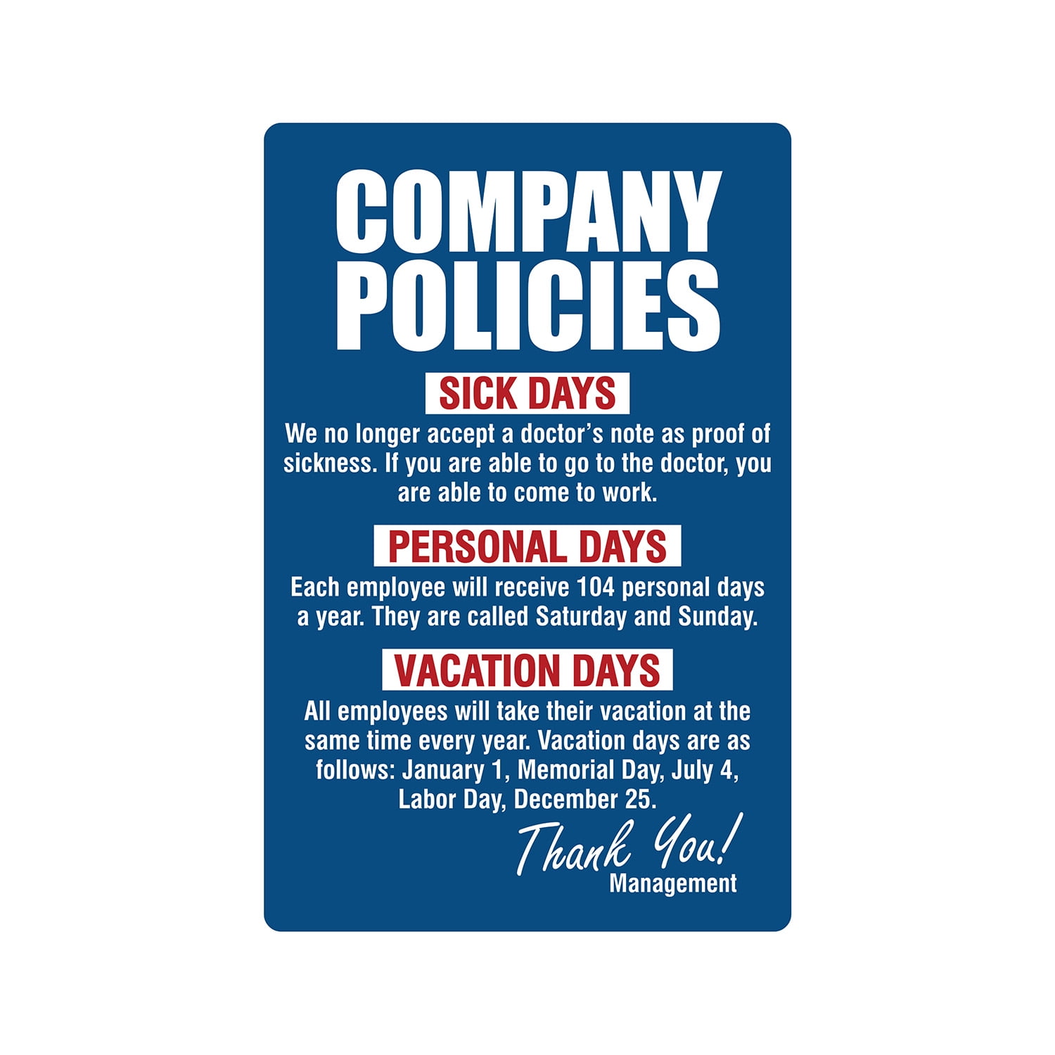 SignMission Z-Company Policies 8 x 12 in. Company Policies Sign ...