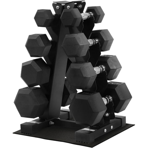Signature Fitness Rubber Coated Hex Dumbbell Weight Set with Rack ...
