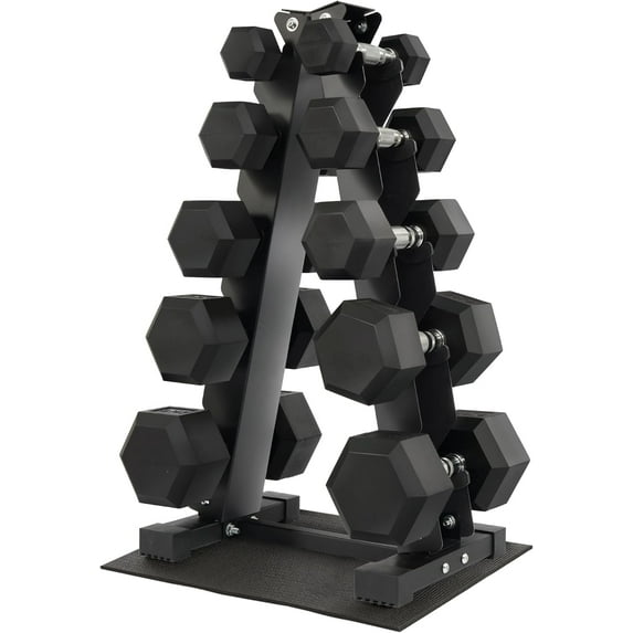 Signature Fitness Rubber Coated Hex Dumbbell Weight Set with Rack ...