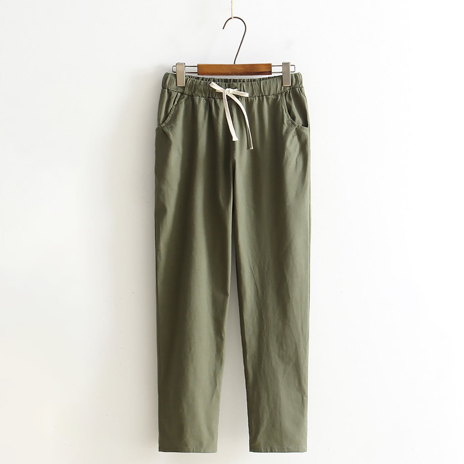 Dkinjom Womens Cotton Linen Harem Pants Elastic Waist Ankle Length