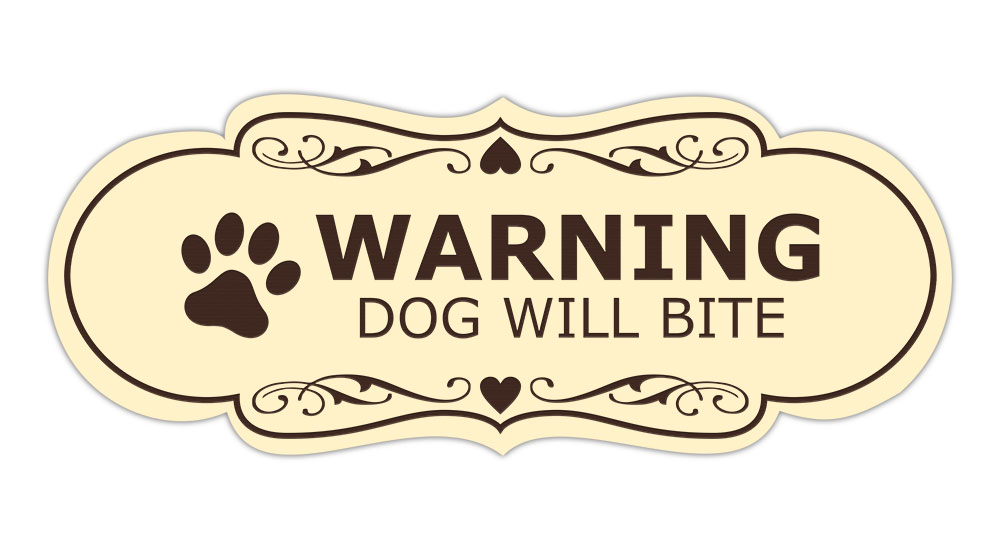 Signs ByLITA Designer Warning Dog Will Bite Sign (Ivory/Dark Brown ...