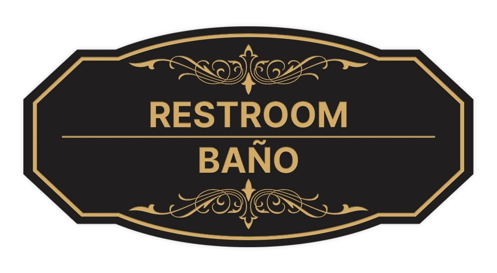 Signs ByLITA Victorian Restroom/Baño Bilingual Sign (Black Gold ...