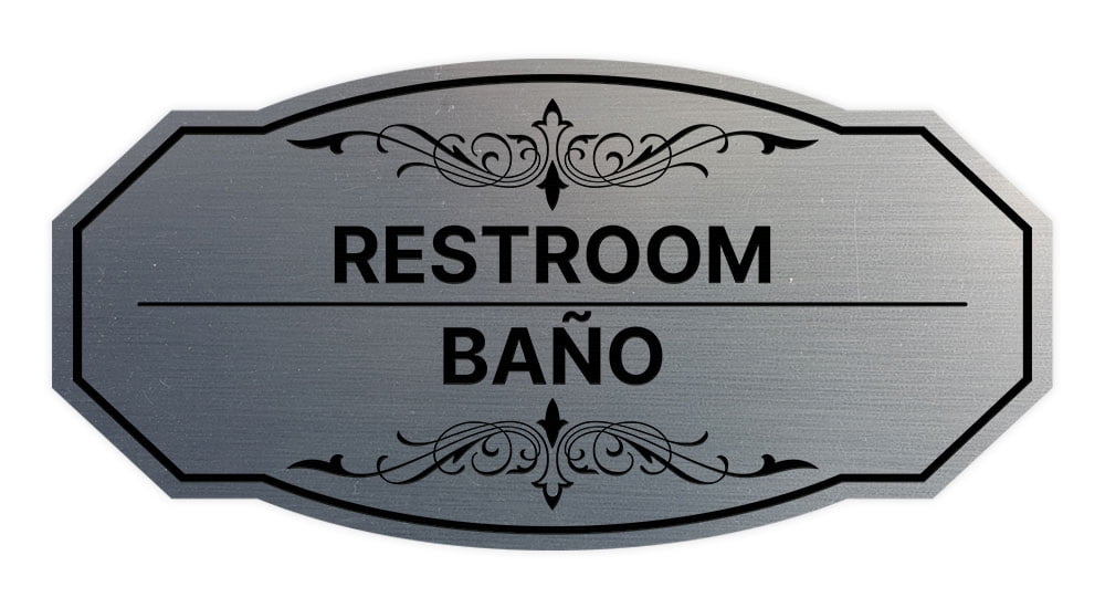Signs ByLITA Victorian Restroom/Baño Bilingual Sign (Brushed Silver ...
