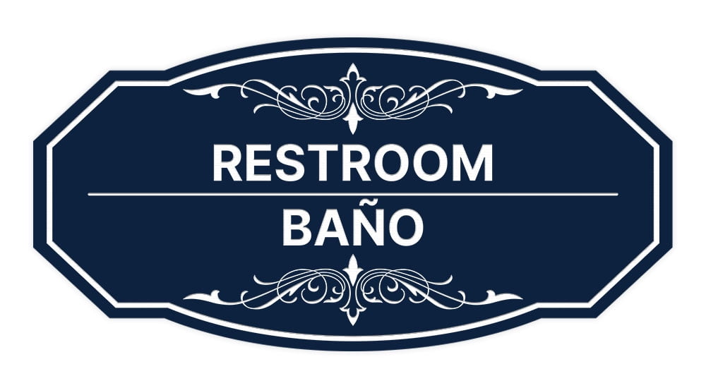 Signs ByLITA Victorian Restroom/Baño Bilingual Sign (Navy Blue / White ...