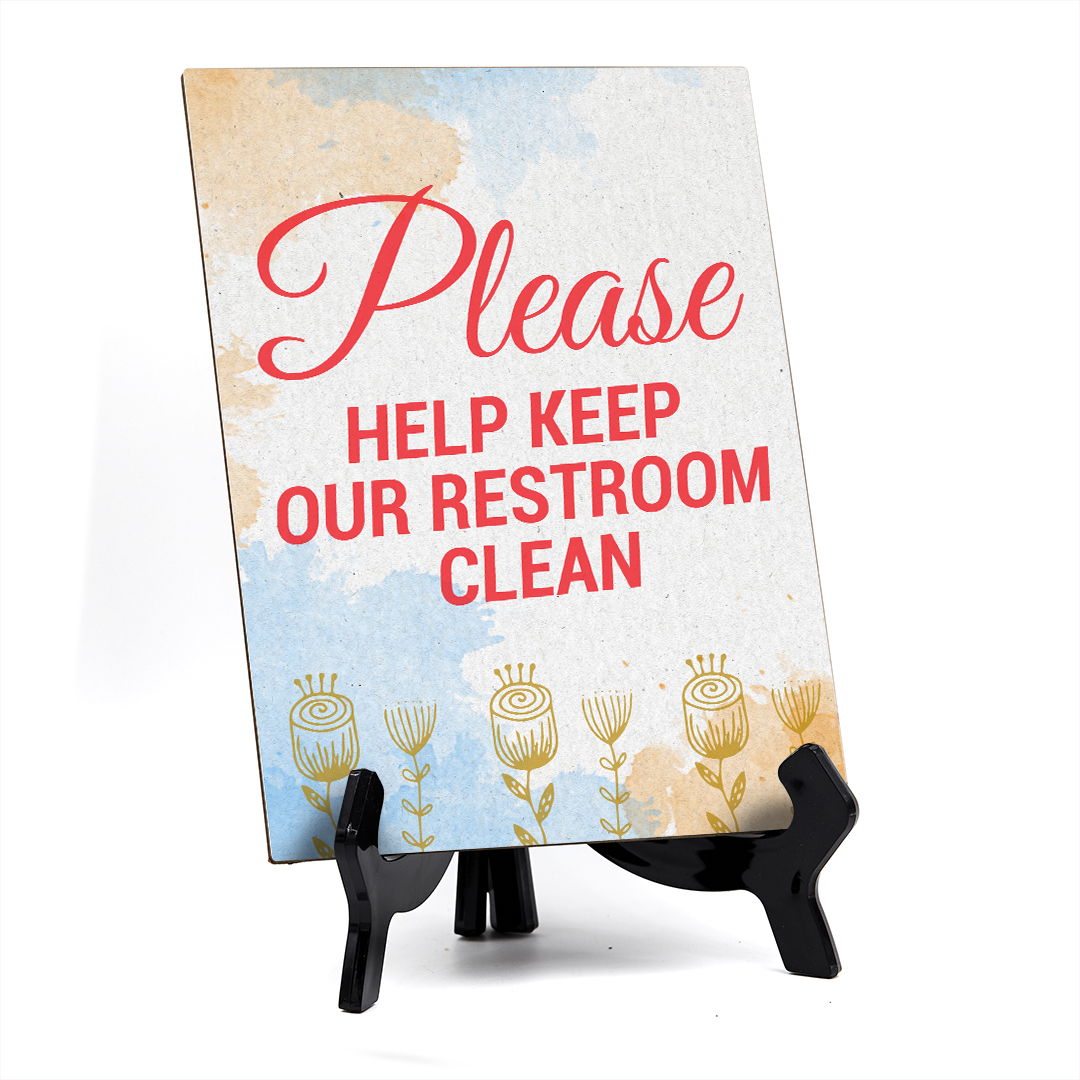 Signs ByLita Please Help Keep Our Restroom Clean, Blue Watercolor Table ...