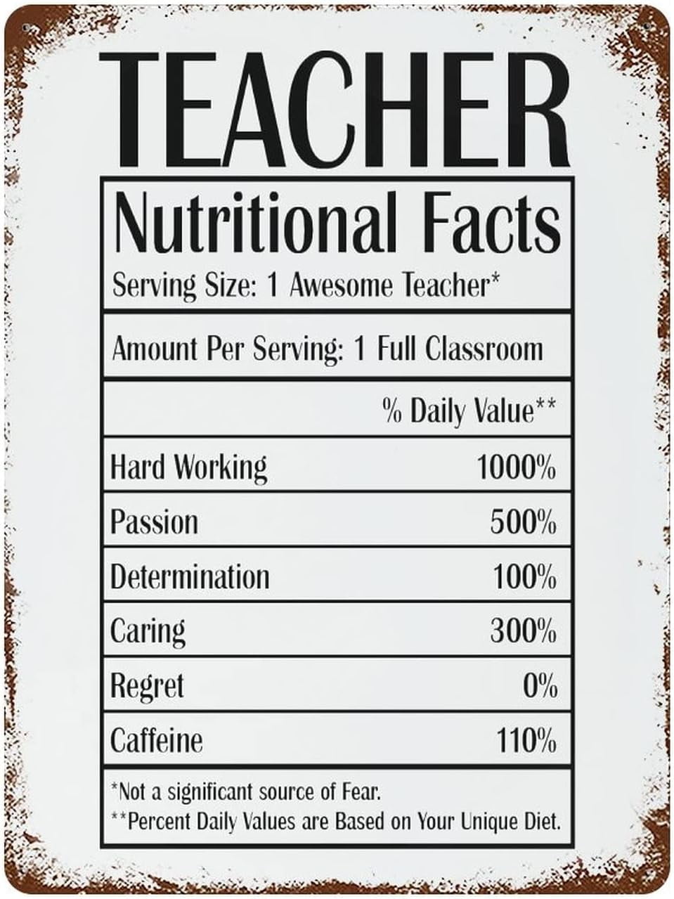 Signs and Decor Outdoor Teacher Nutritional Facts Metal Signs Metal Tin ...