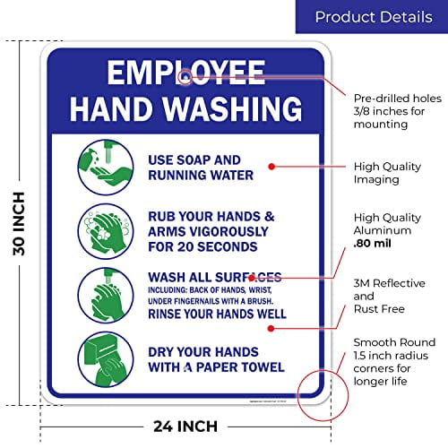 Sigo Signs, Employees Hand Washing Rules Sign, 24x30 Inches, Rust Free ...