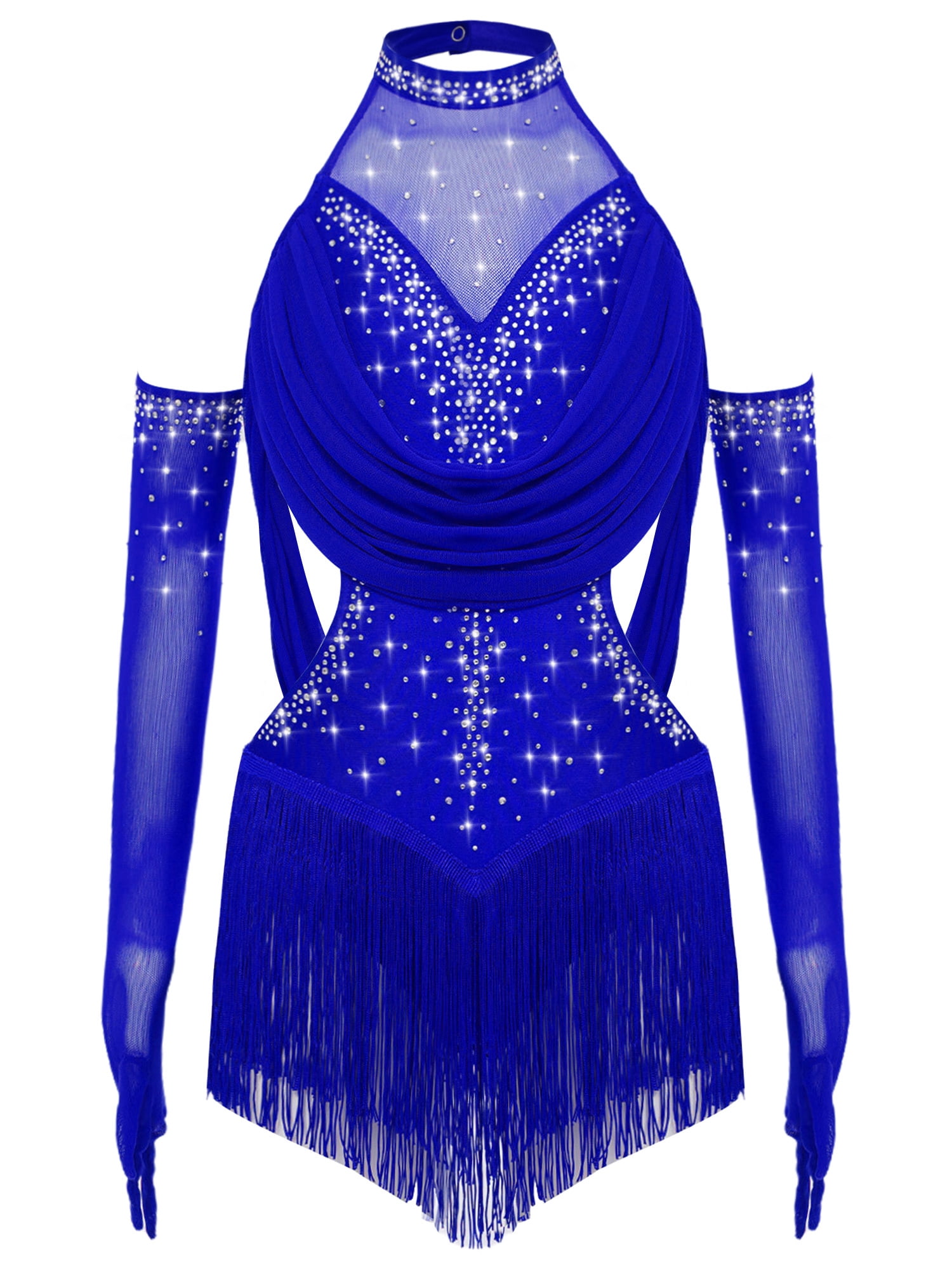SiiRoh Girls Sparkly Fringe Jazz Latin Dance Leotard Ruched Mesh Drapes ...