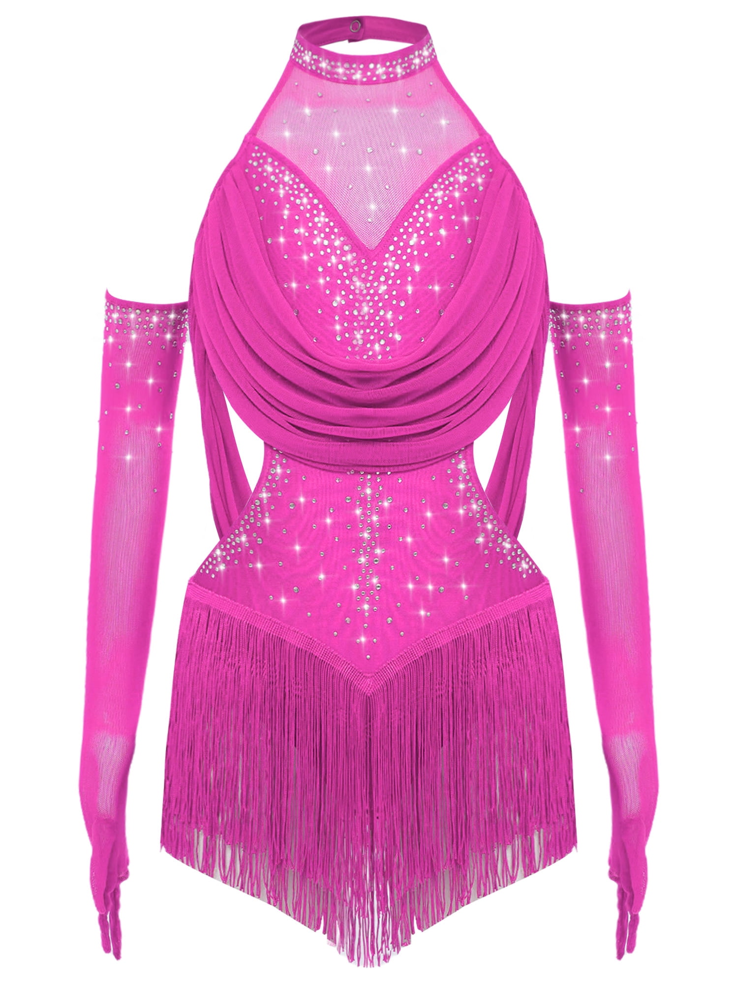 SiiRoh Girls Sparkly Fringe Jazz Latin Dance Leotard Ruched Mesh Drapes ...