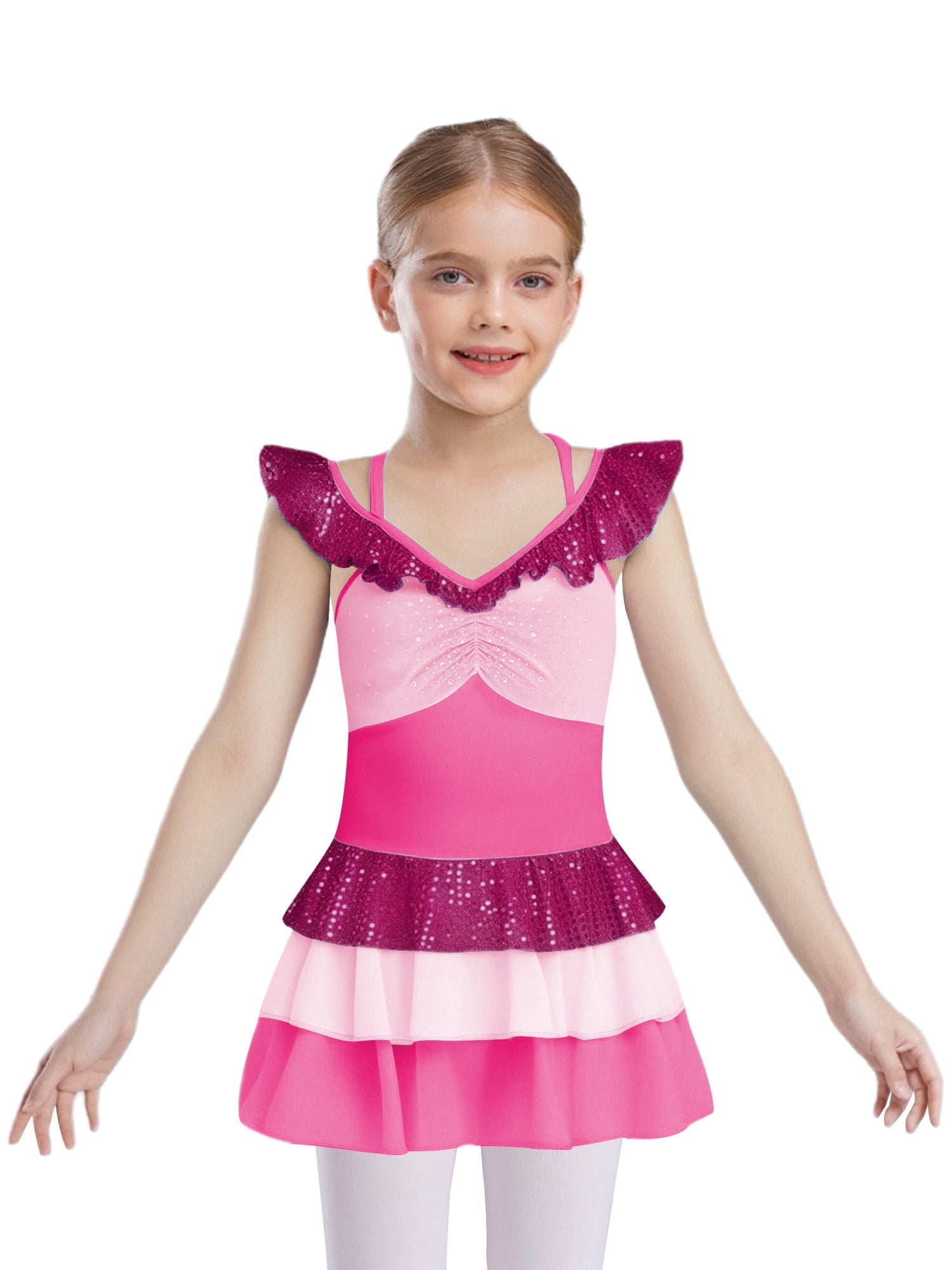 SiiRoh Kids Girls Sequin Ice Skating Dress Tiered Ruffle Skirted Ballet ...