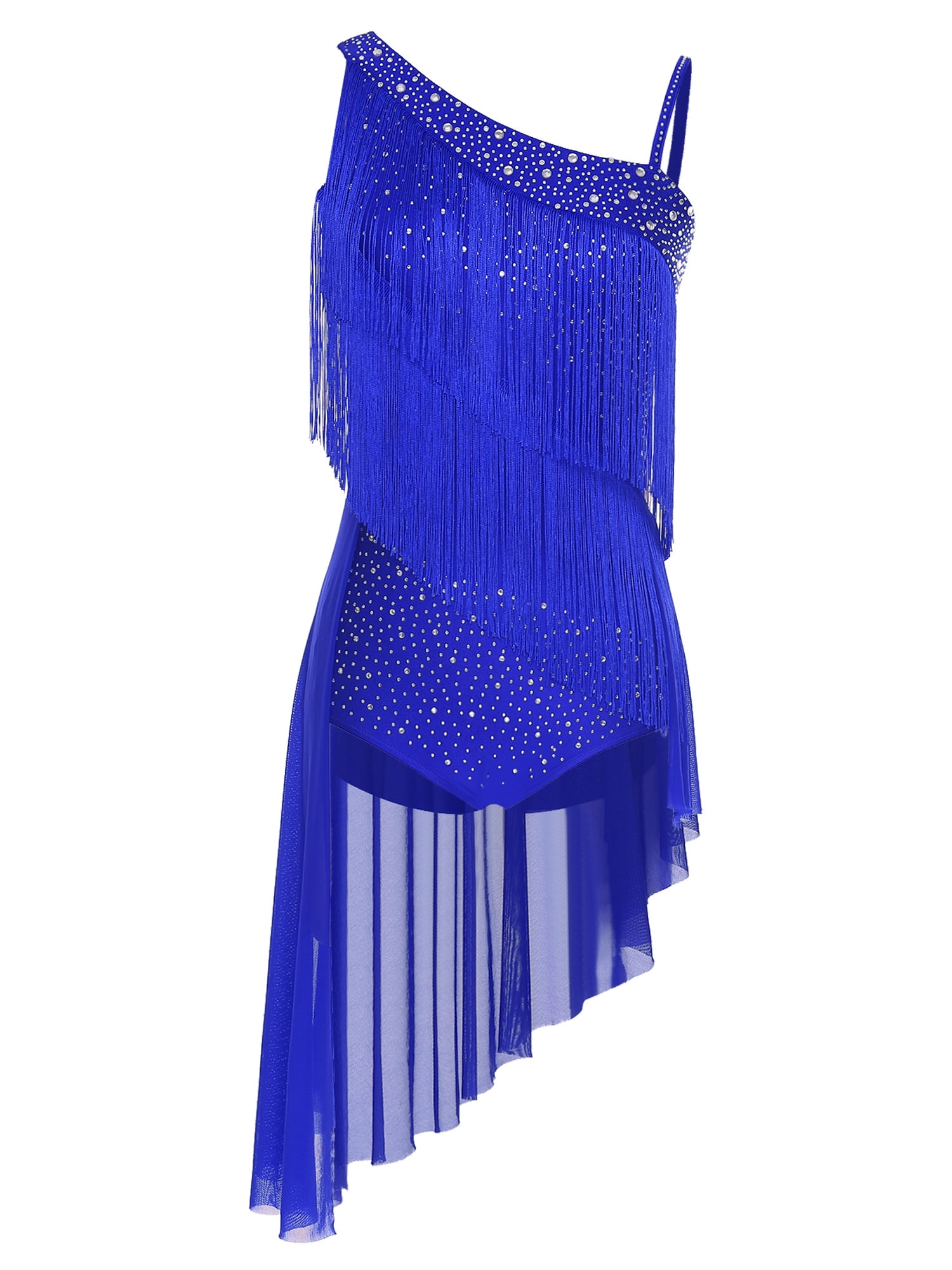 SiiRoh Latin Dance Dress for Women Asymmetrical Shoulder Fringe Skirted ...