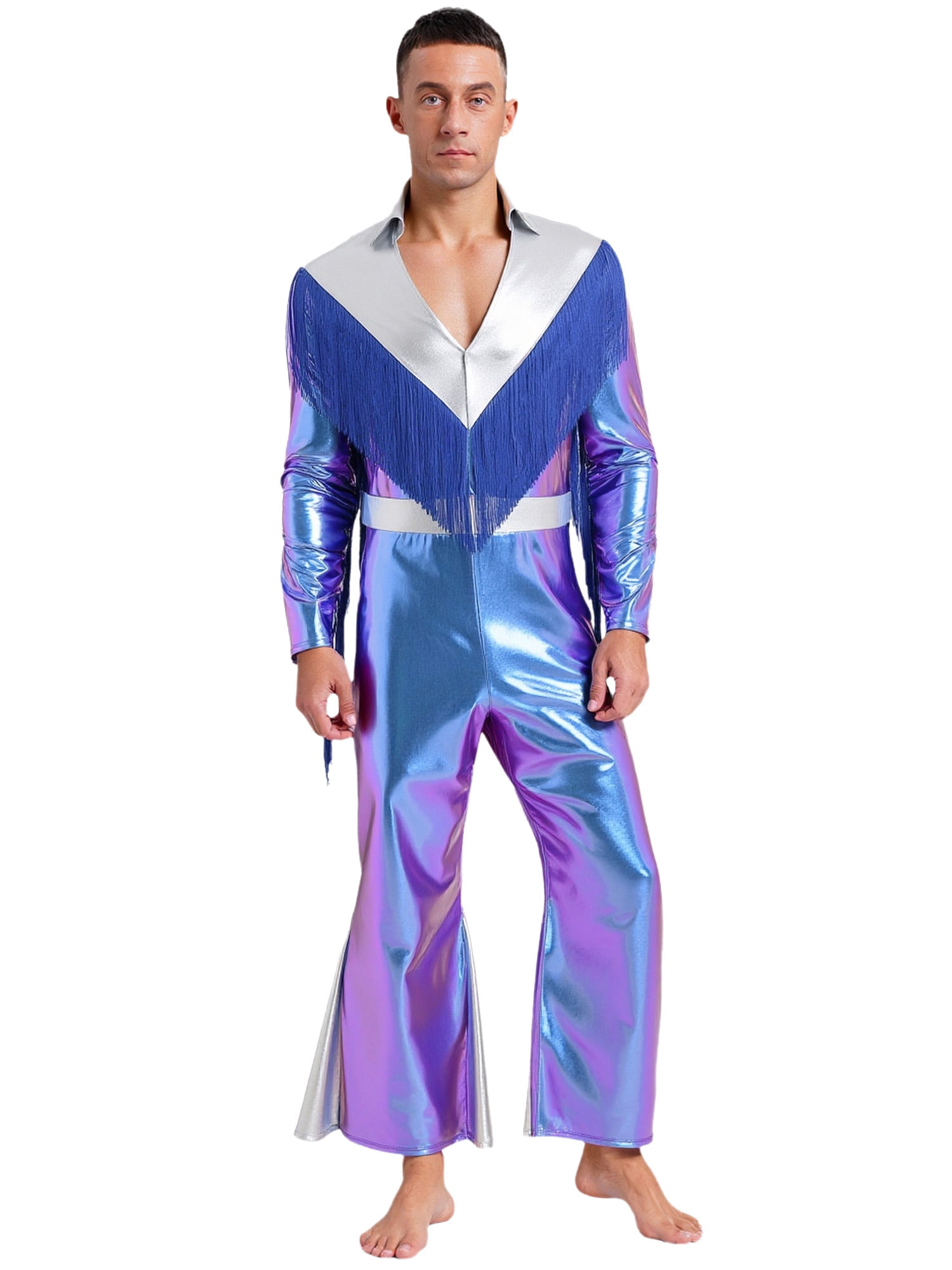 SiiRoh Mens Shiny Metallic Overalls Disco Jumpsuit Tassel Fringe Bell ...
