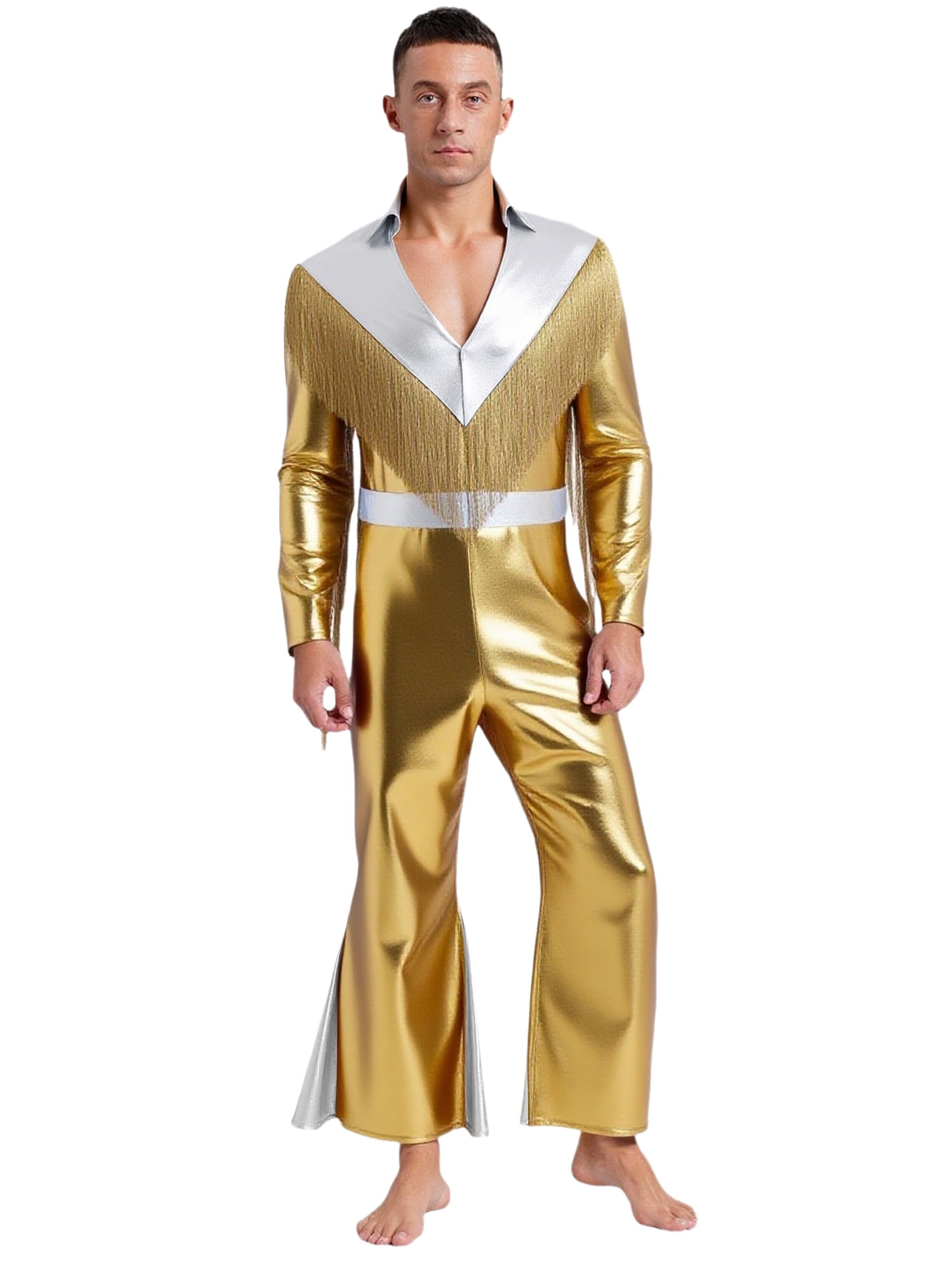 SiiRoh Mens Shiny Metallic Overalls Disco Jumpsuit Tassel Fringe Bell ...