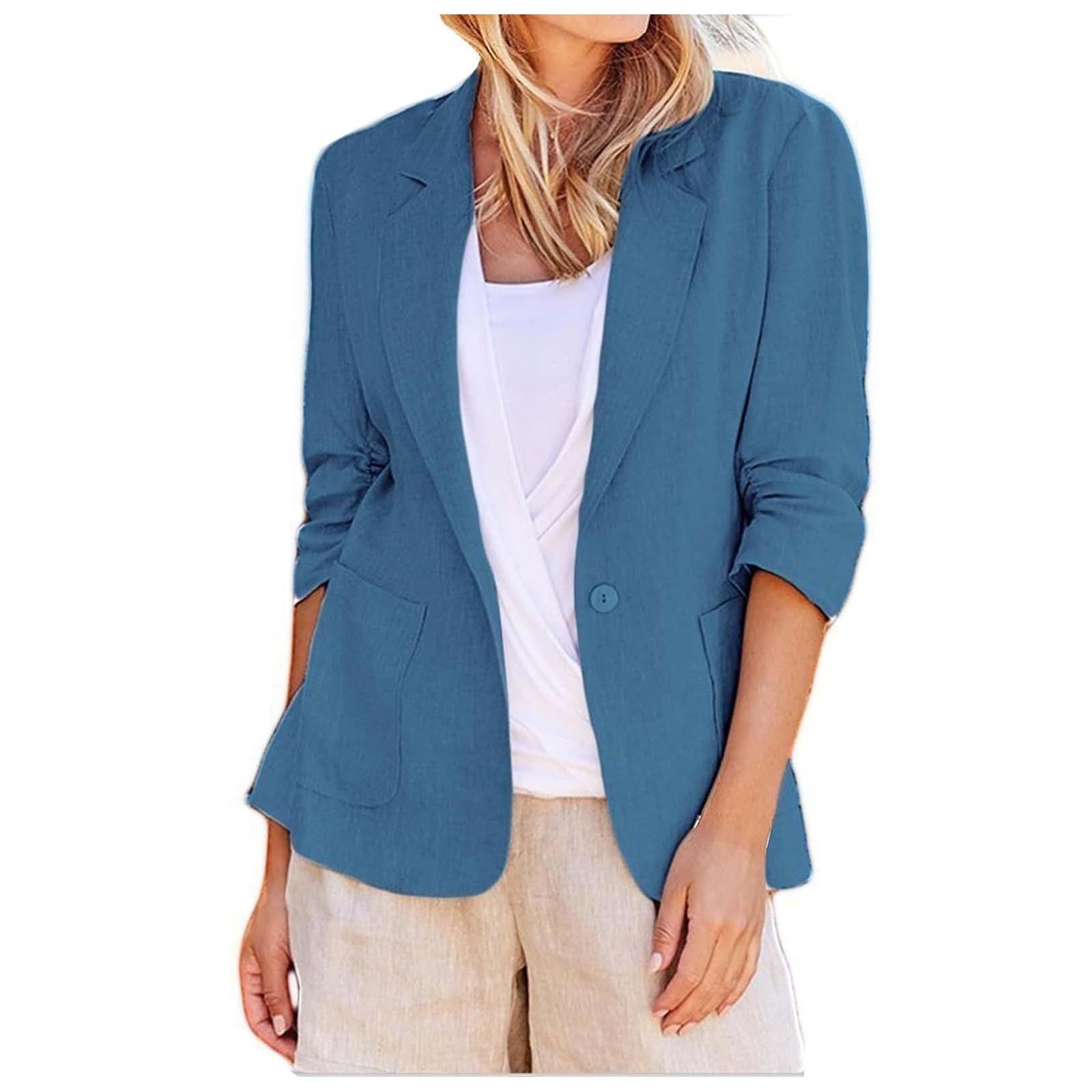 Siilsaa Linen Blazer Women 3/4 Solid Color Stretchy Ruched Sleeve Fully ...