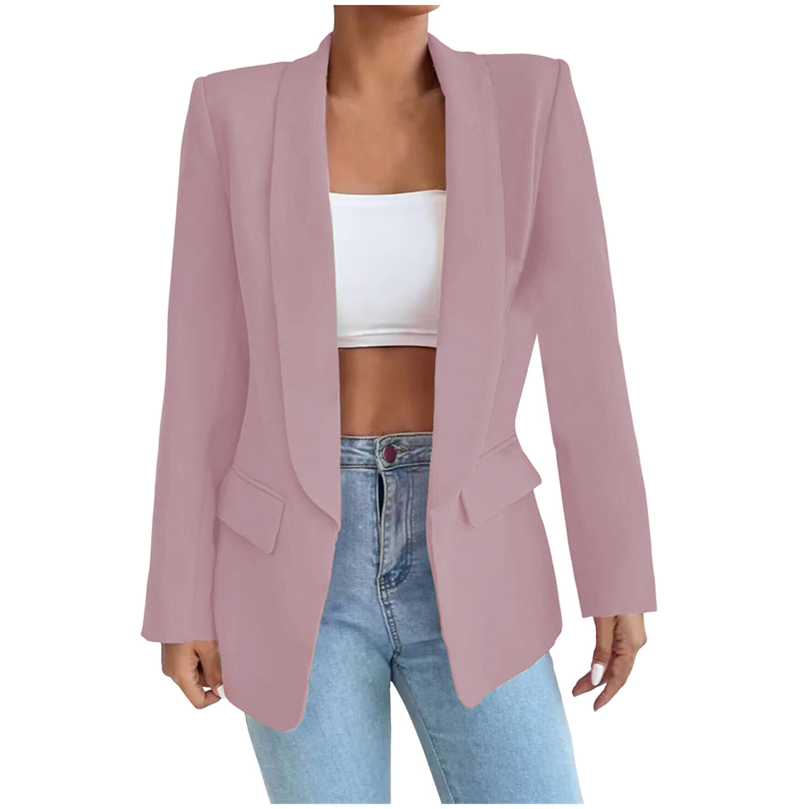 Siilsaa Open Front Women Long Sleeve Solid Office Lady Blazer Coat Pink ...