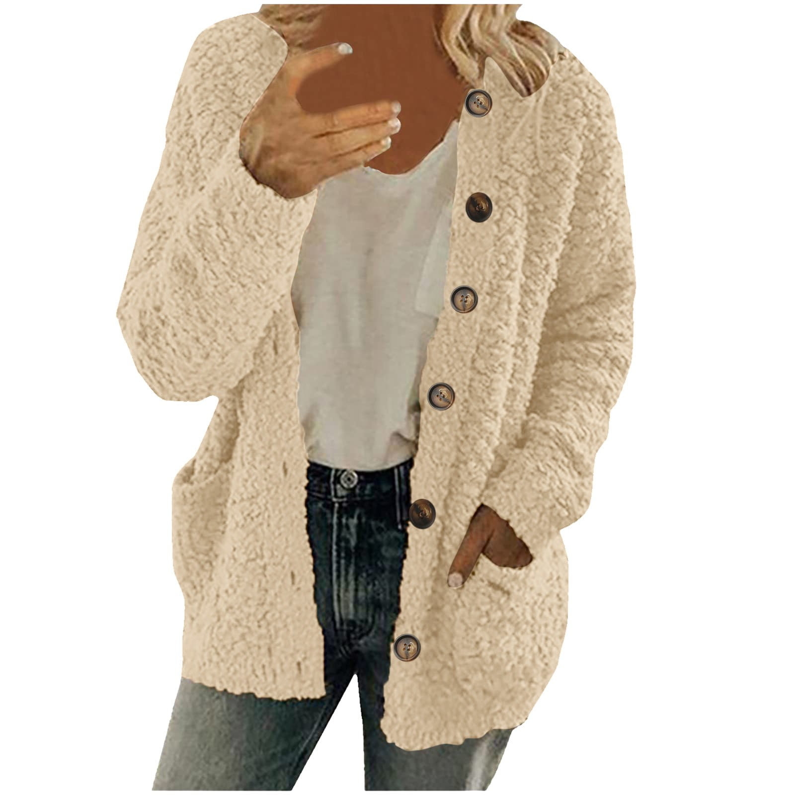 Siilsaa Womens Cardigan With Pockets Winter Button Oversized Plush ...