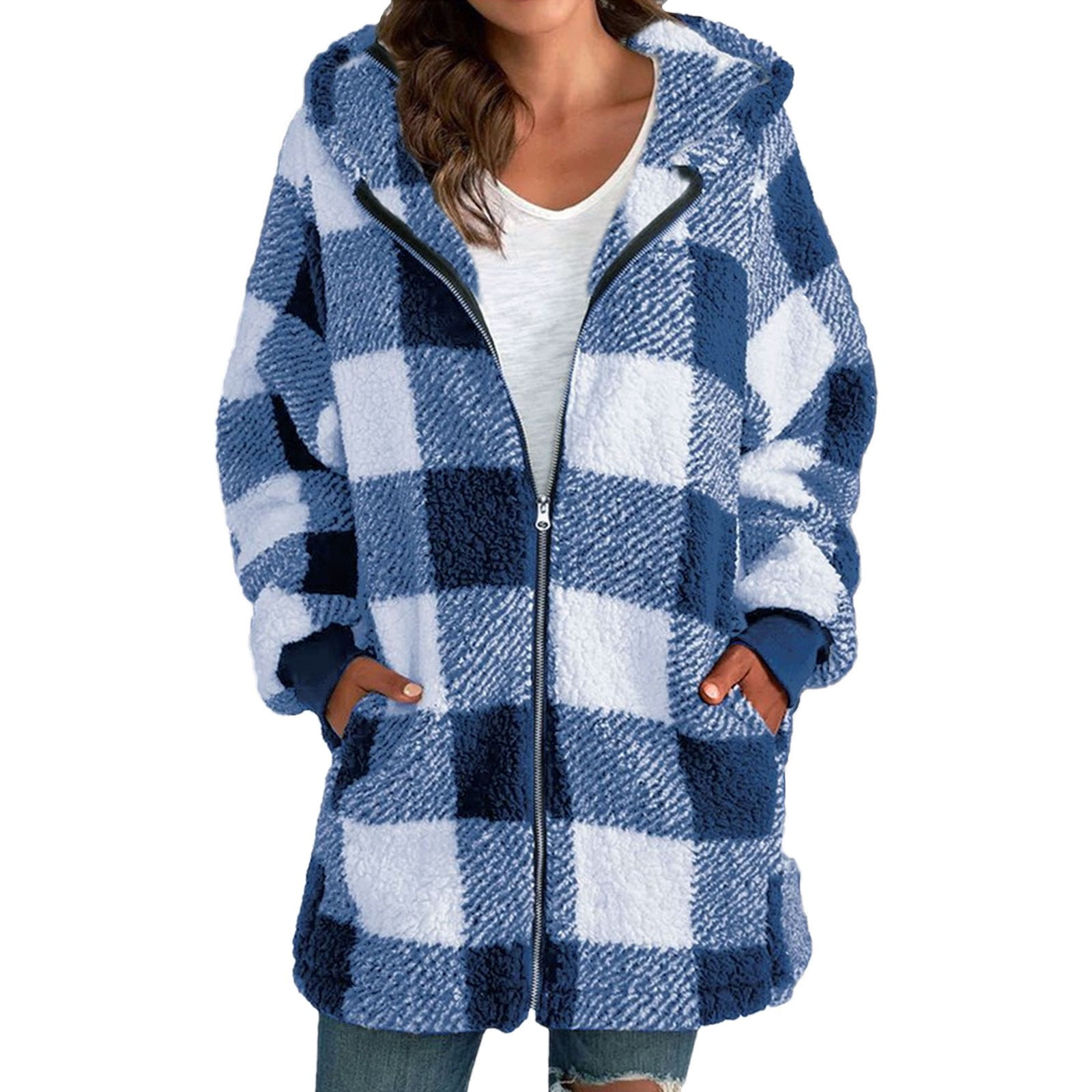Siilsaa Womens Fleece Zip Up Jacket with Pockets Oversized Long Sherpa ...
