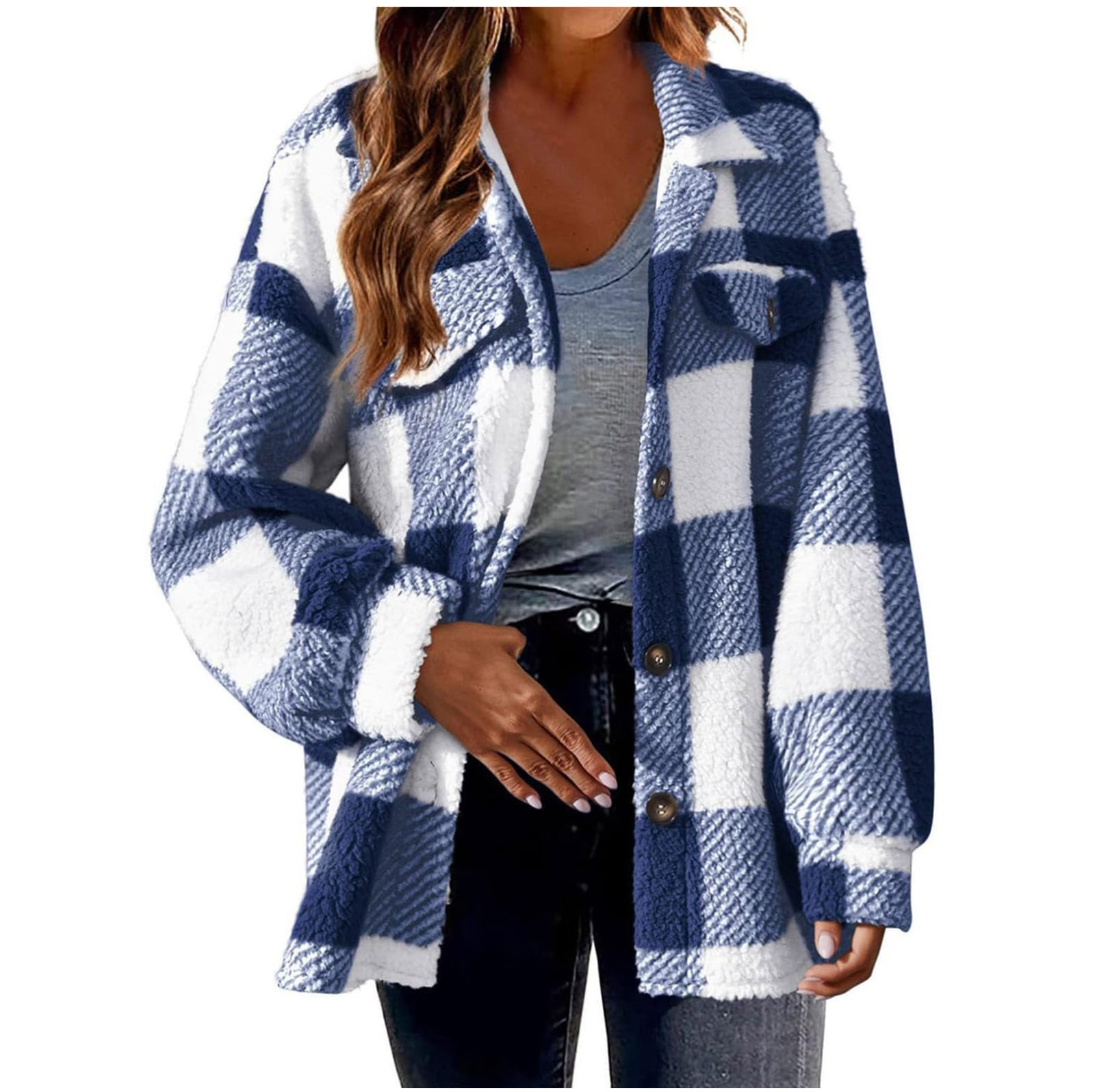 Siilsaa Womens Fuzzy Fleece Plaid Shacket Jacket Buffalo Plaid Flannel ...