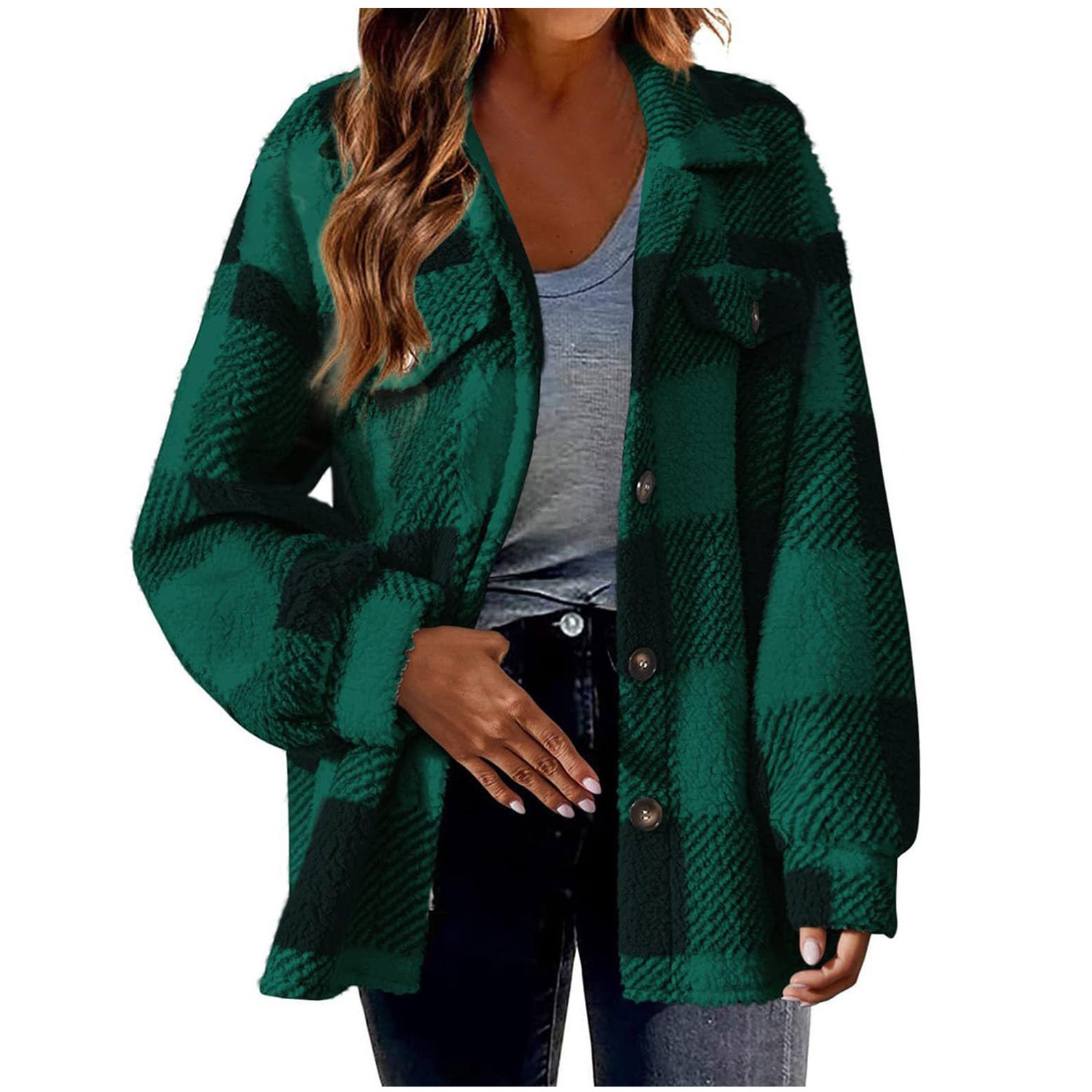 Siilsaa Womens Fuzzy Fleece Plaid Shacket Jacket Buffalo Plaid Flannel ...