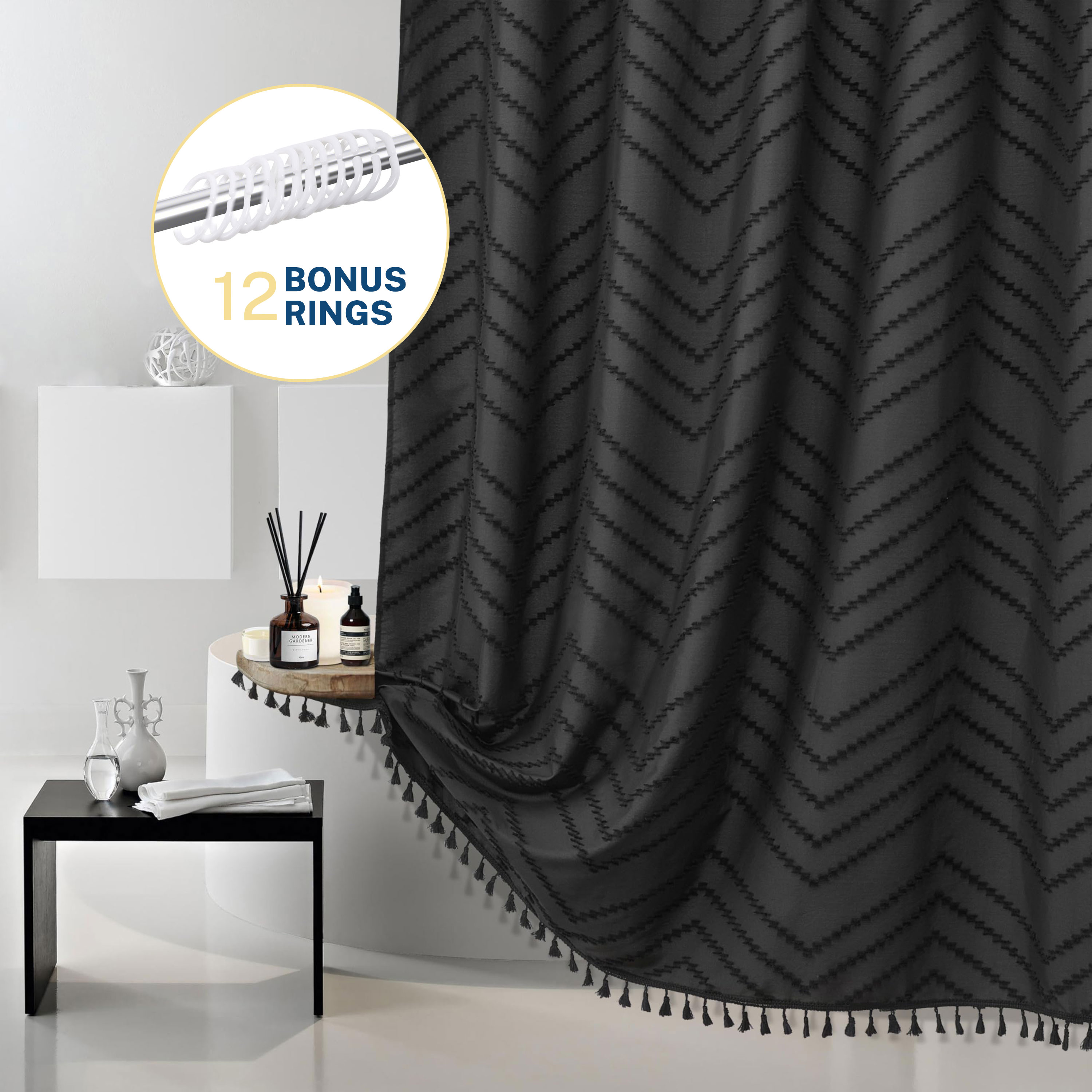 Farmhouse Shower Curtain for Bathroom with Striped Tassel Modern Boho Fabric Waterproof 72x84 ...