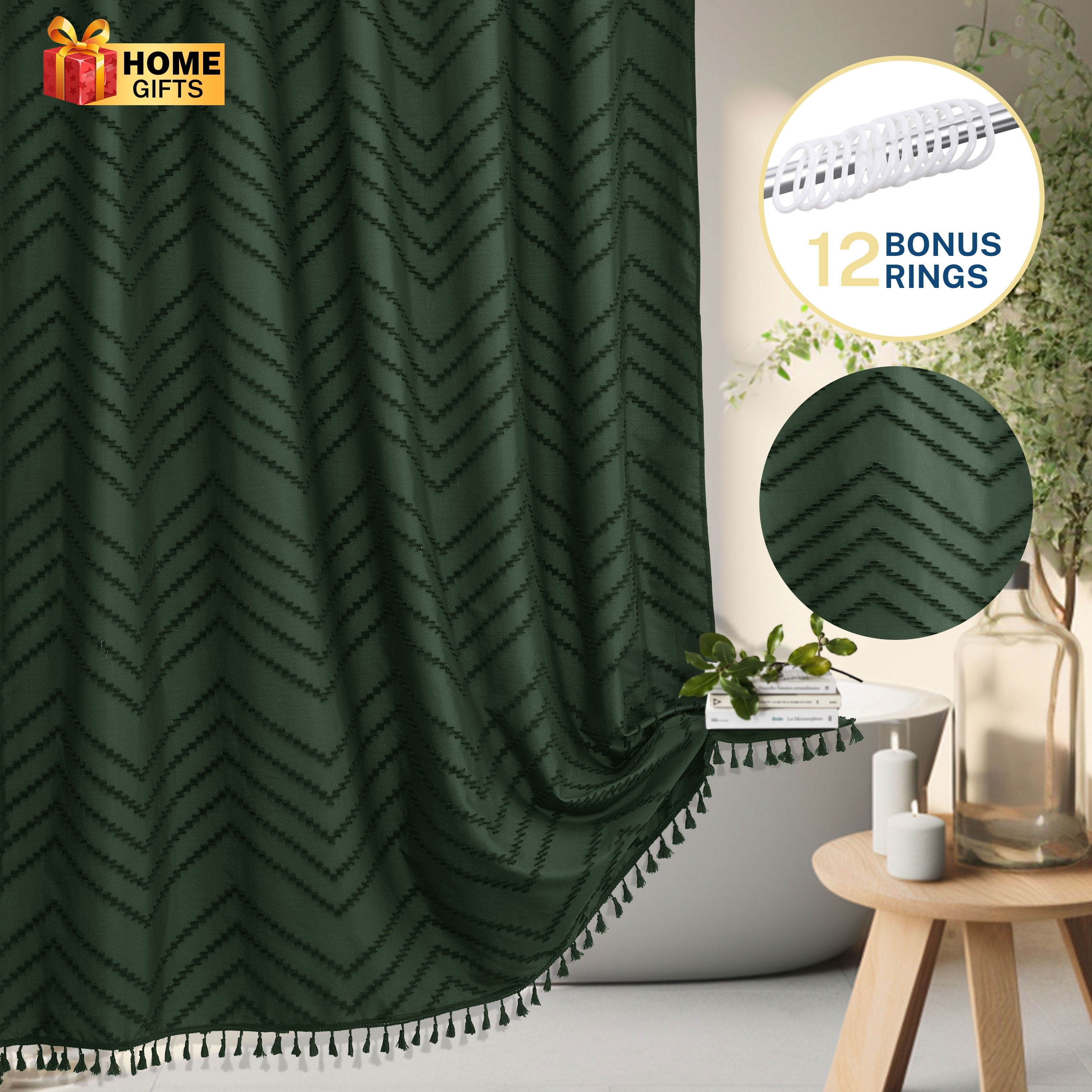 Siiluminisoy Boho Dark Green Fabric Shower Curtain with Chevron ...