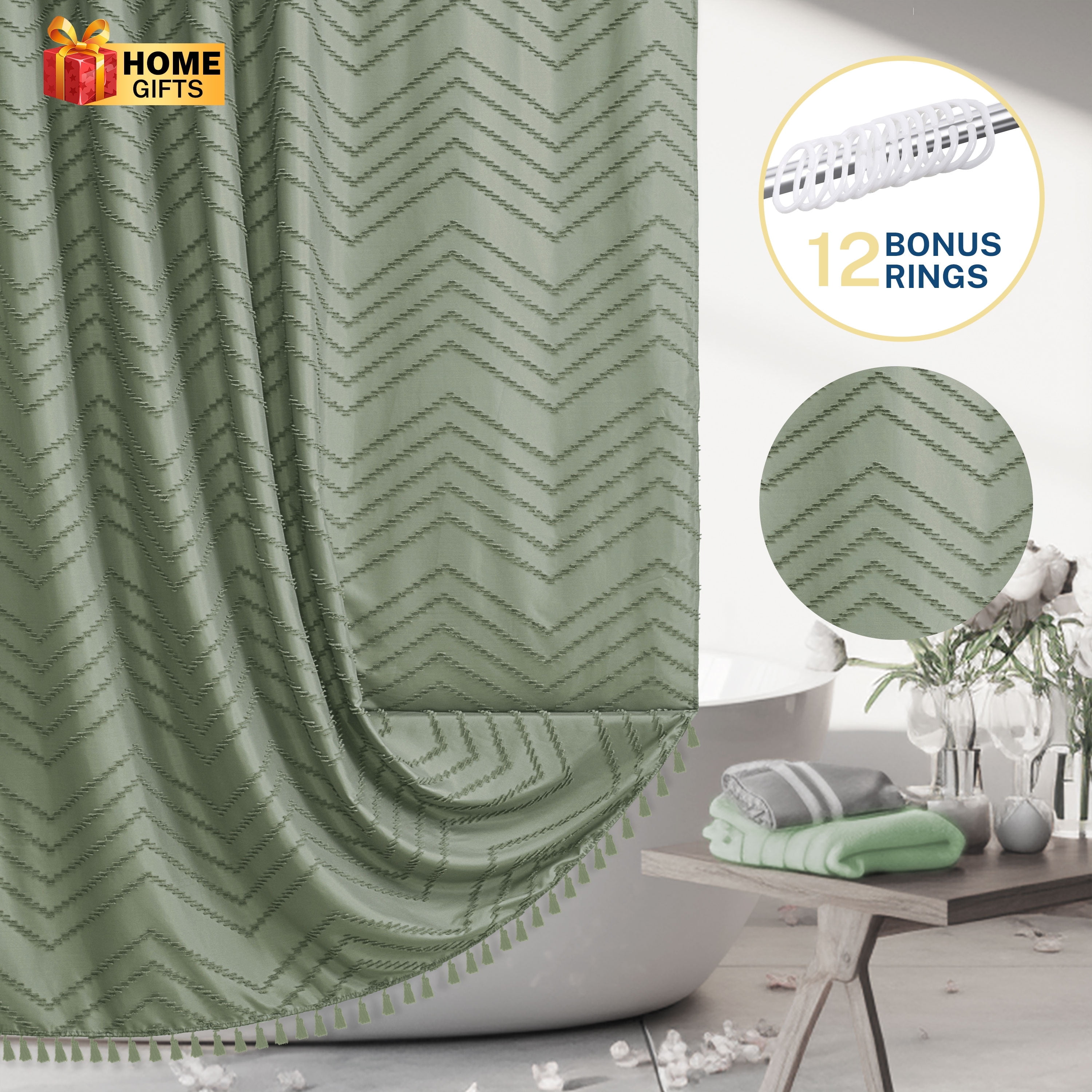 Siiluminisoy Green Fabric Shower Curtain Set, Mold/Mildew-Resistant ...