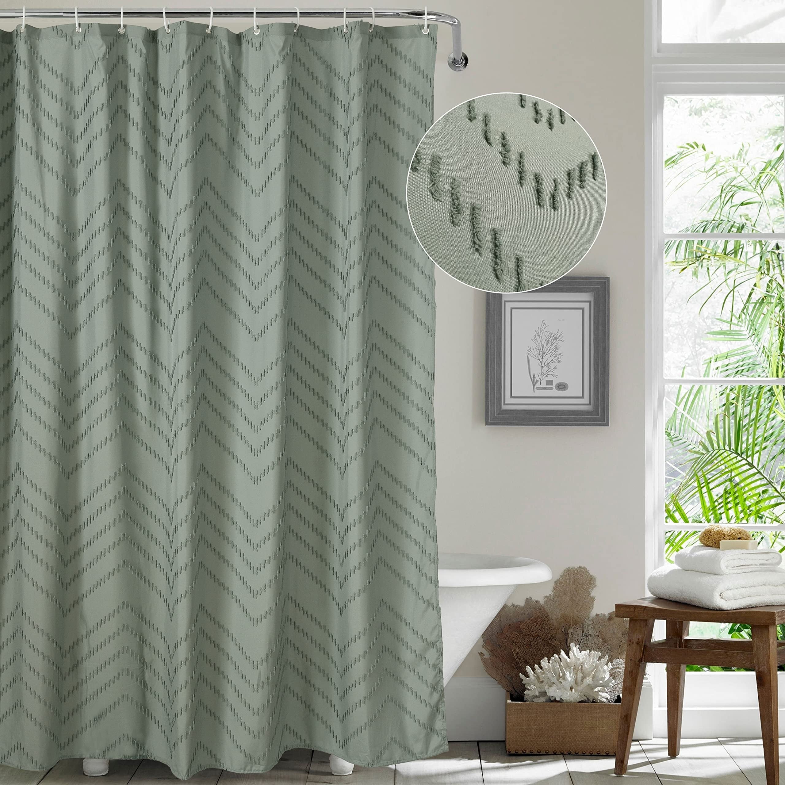 Siiluminisoy Boho Farmhouse Shower Curtain Sage Green Fabric Tufted Chevron Striped Textured