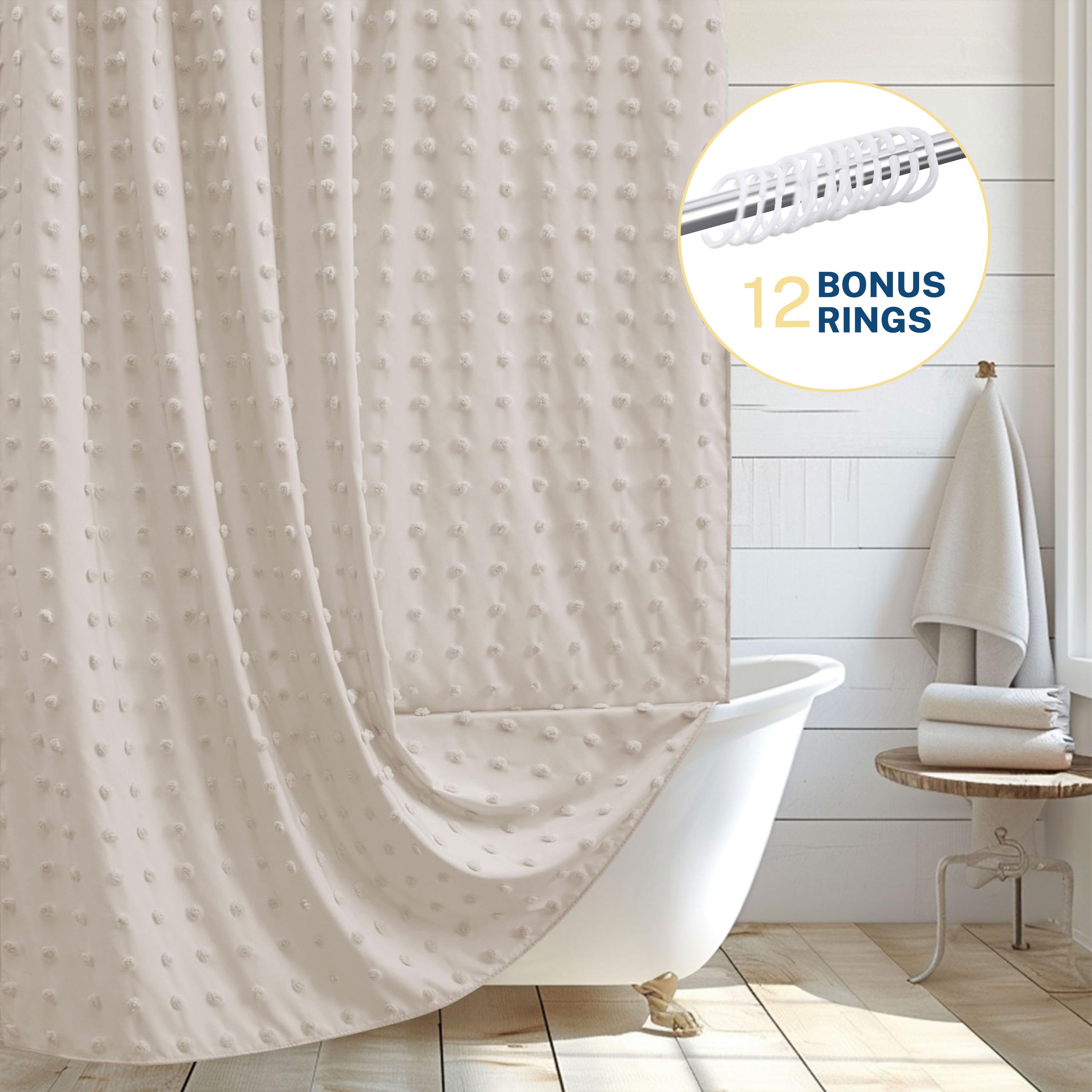 Siiluminisoy Beigecream Fabric Boho Shower Curtain Set 72x84 Floral Tufted Puffs Design Hooks