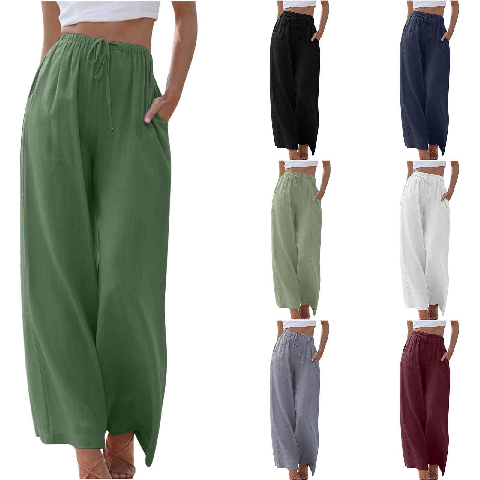 Sijiajgjfu Flowy Linen Pants for Women Drawstring High Waist Wide Leg ...