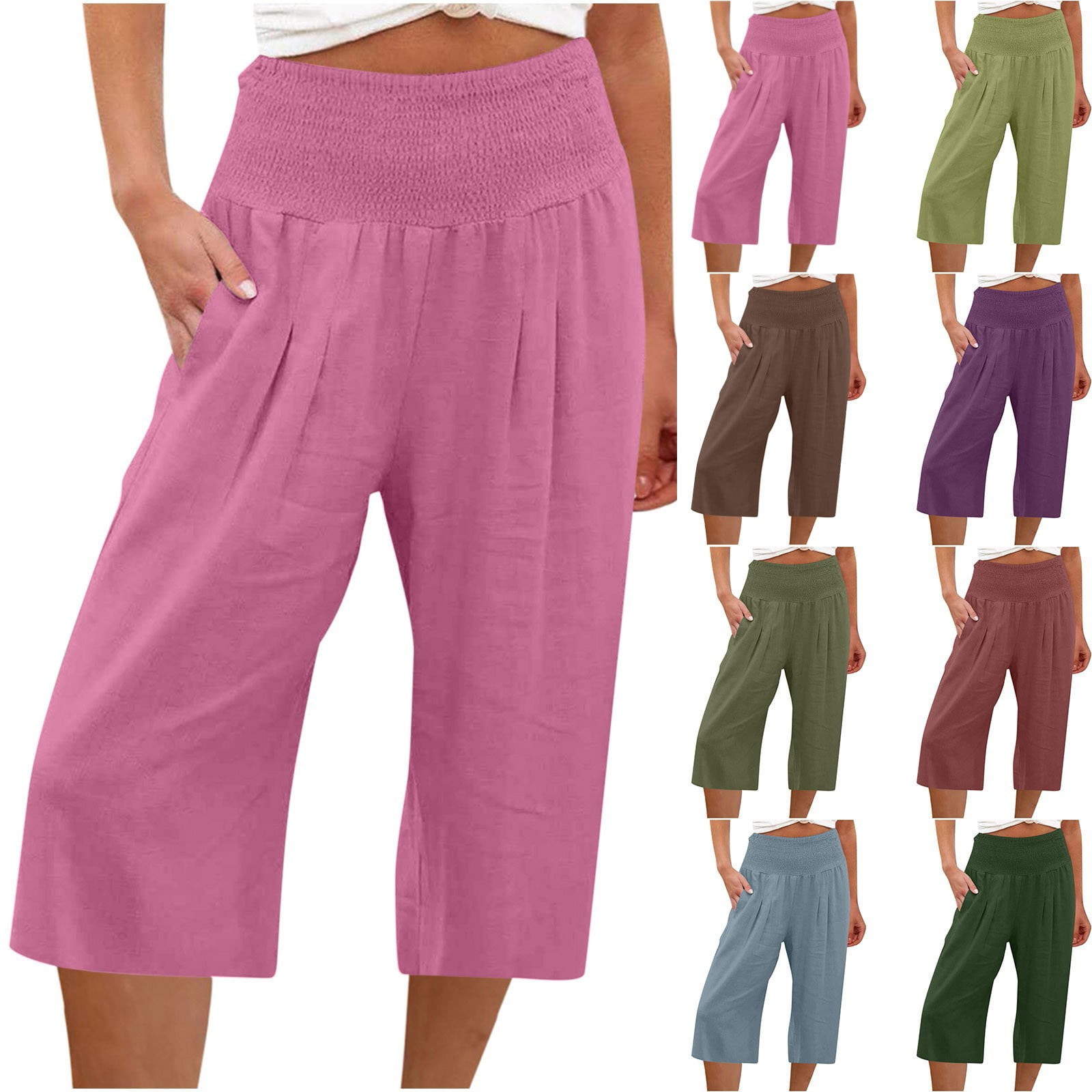 Sijiajgjfu Linen Capri Pants for Women 2025 Cotton Smocked Wide Leg ...