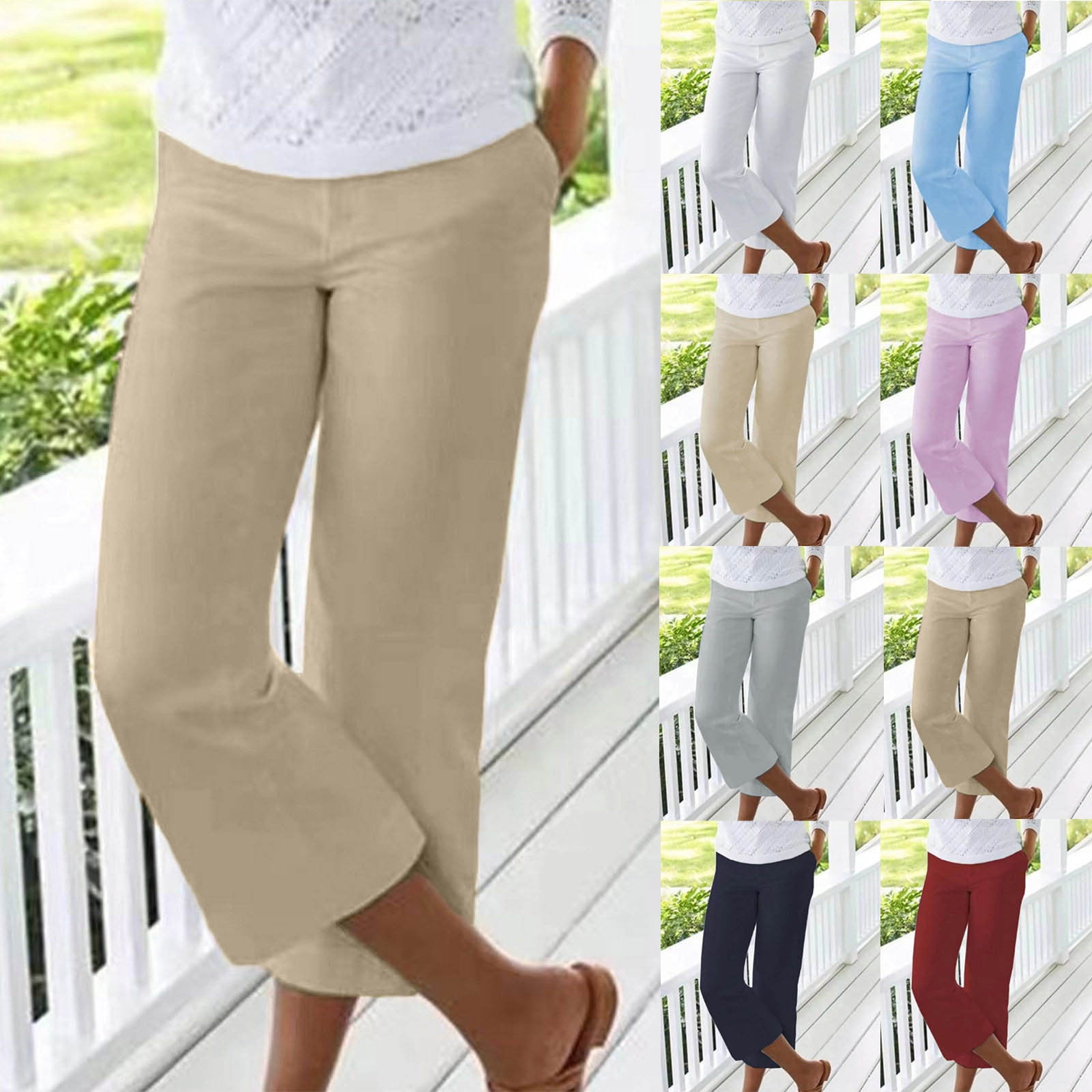 Sijiajgjfu Womens Linen Capri Pants Wide Leg Elastic Waist Summer Beach ...