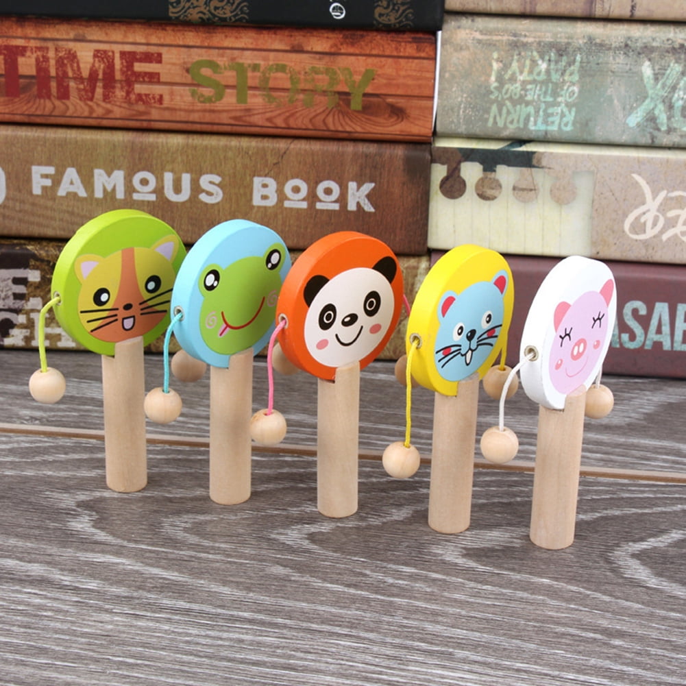 Sijiali Cartoon Animal Wooden Handheld Musical Rattle Drum Shaker ...