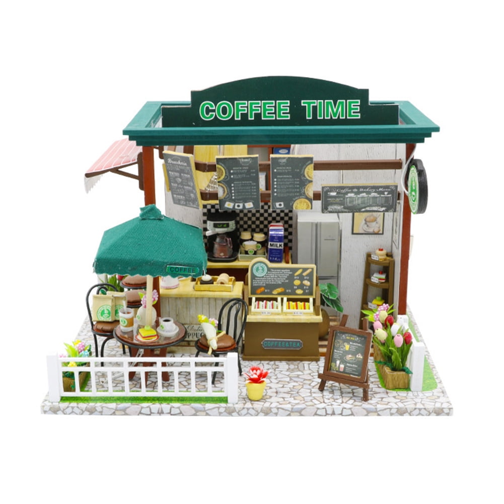Sijiali DIY Assembly Miniature LED Coffee Store Doll House Model Kids ...