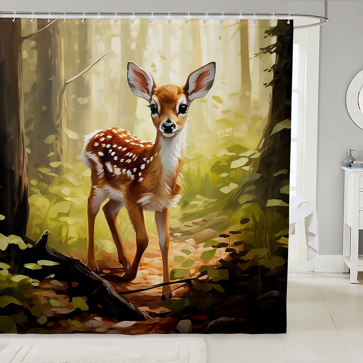 Sika Deer Bathroom Shower Curtain Sets Woodland Animals Fabric Shower ...