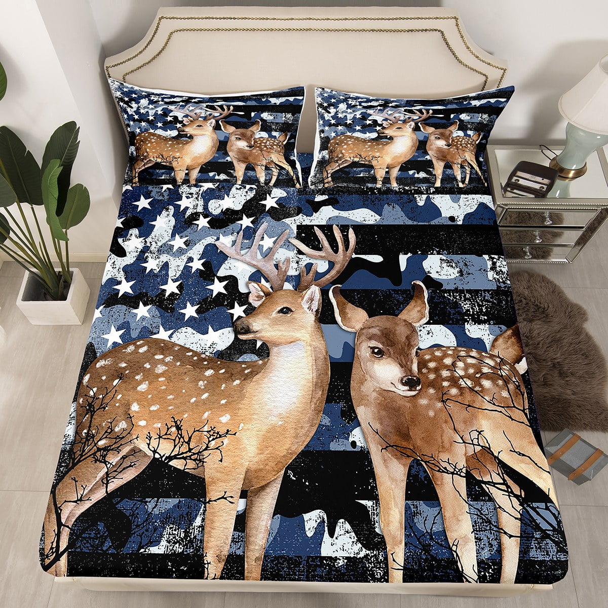 Sika Deer Fitted Sheet Twin Spotted Deer American Flag Bed Sheets,Navy ...