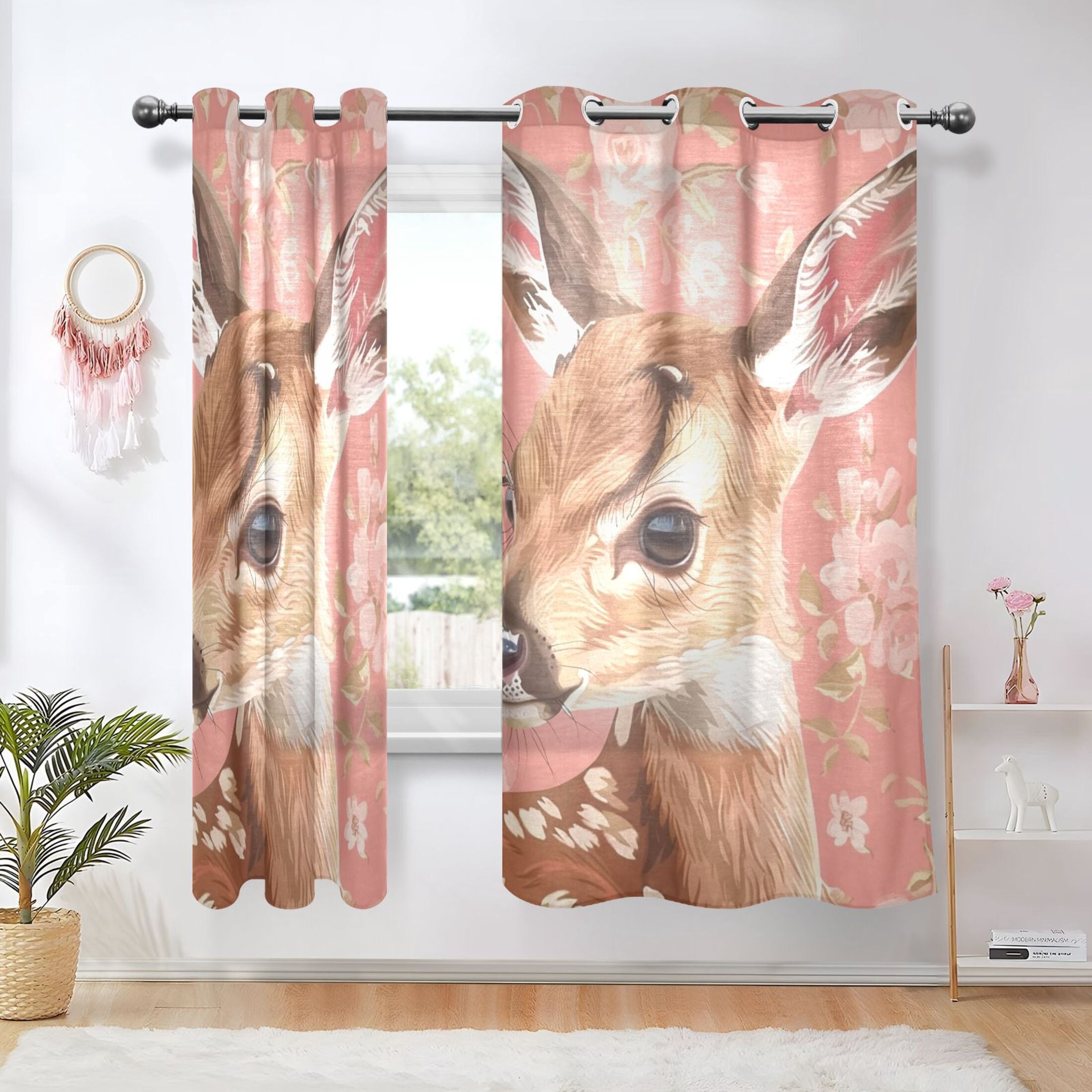 Sika Deer with Flowers Sheer Curtains 2 Panels Set Grommet Drapes for ...
