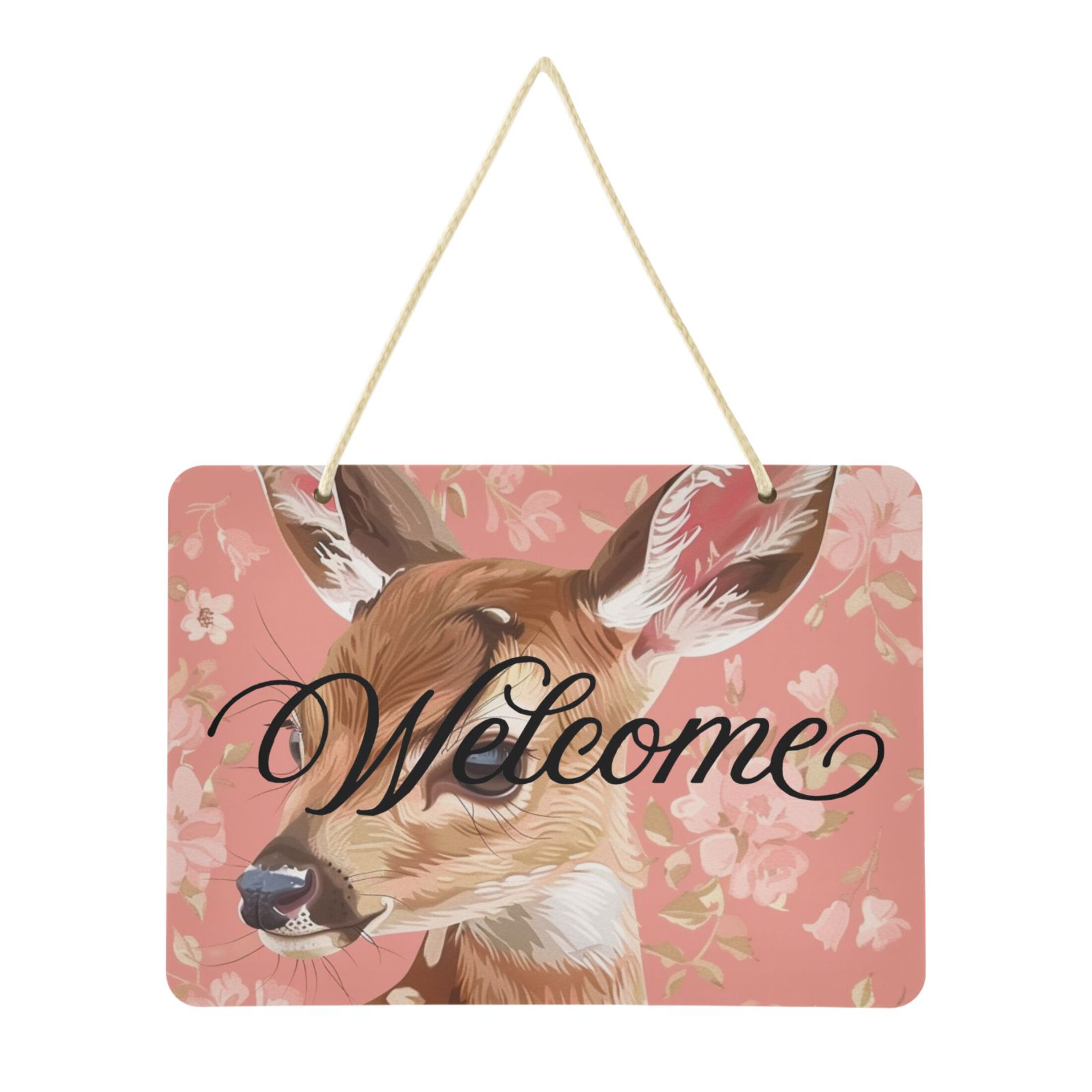 Sika Deer with Flowers Welcome Sign Front Door PVC 14x10 inch Hanger ...