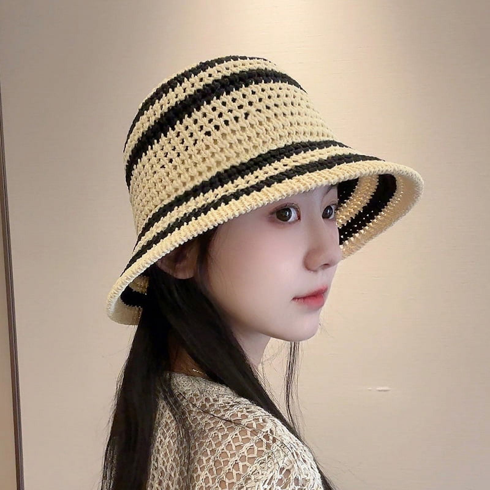 SikaFu Grass Woven Contrasting Striped Hollowed Out Fisherman Hat For ...