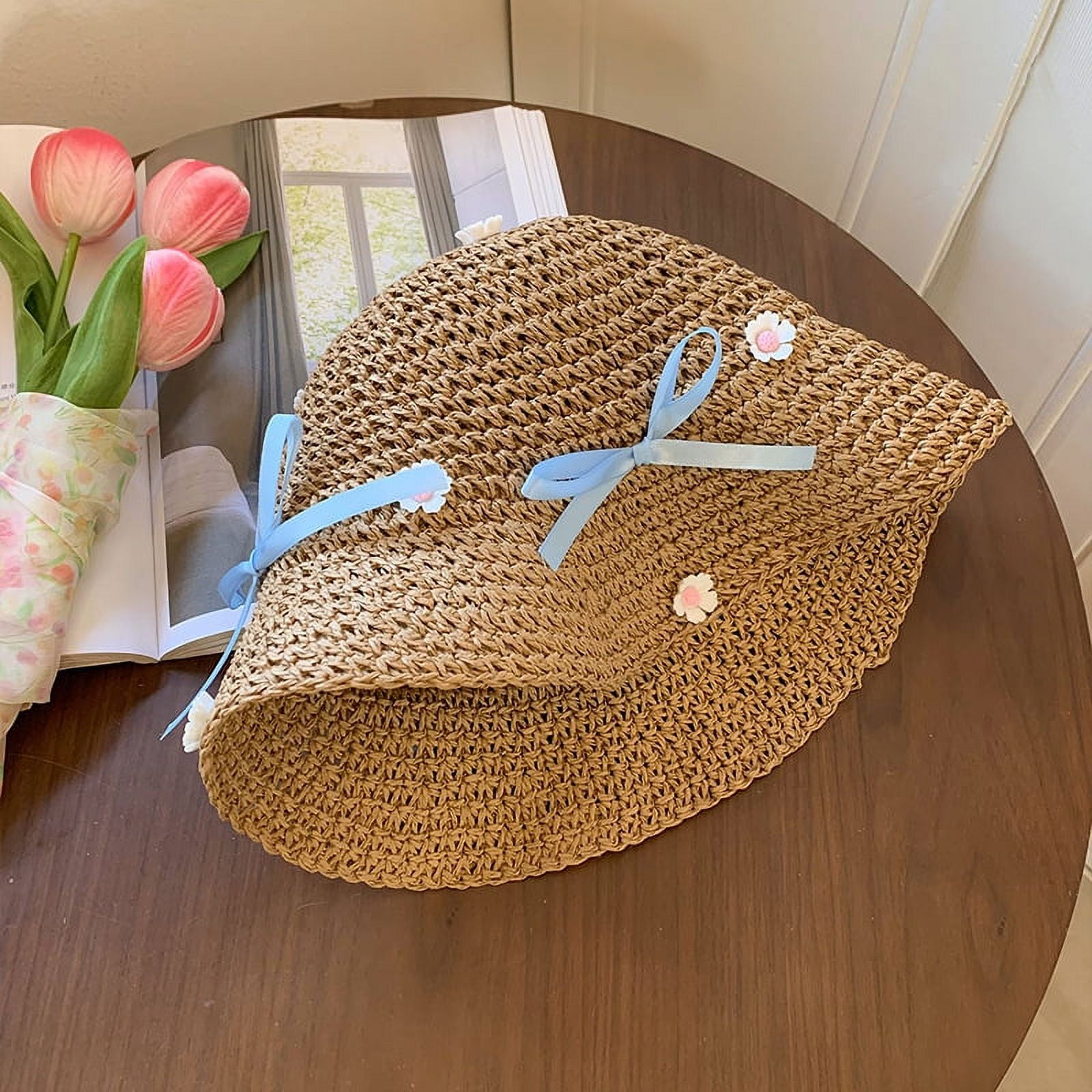 SikaFu Straw Hat Female New Blue Bow Cutout Can Be Folded, Solar Hat ...