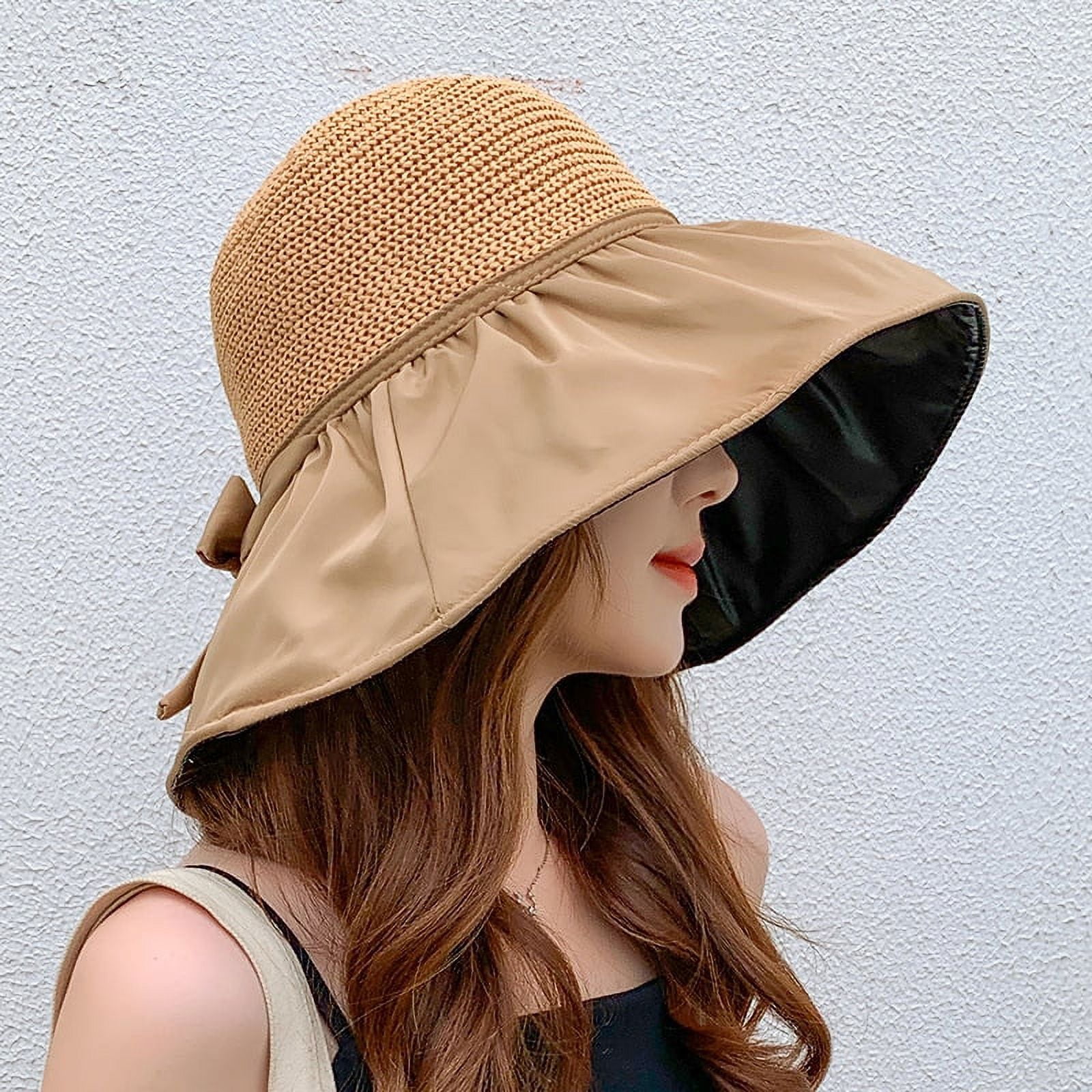 SikaFu Summer Black Rubber Bow Shading Hat, Female Hollow Grass Hat, UV ...